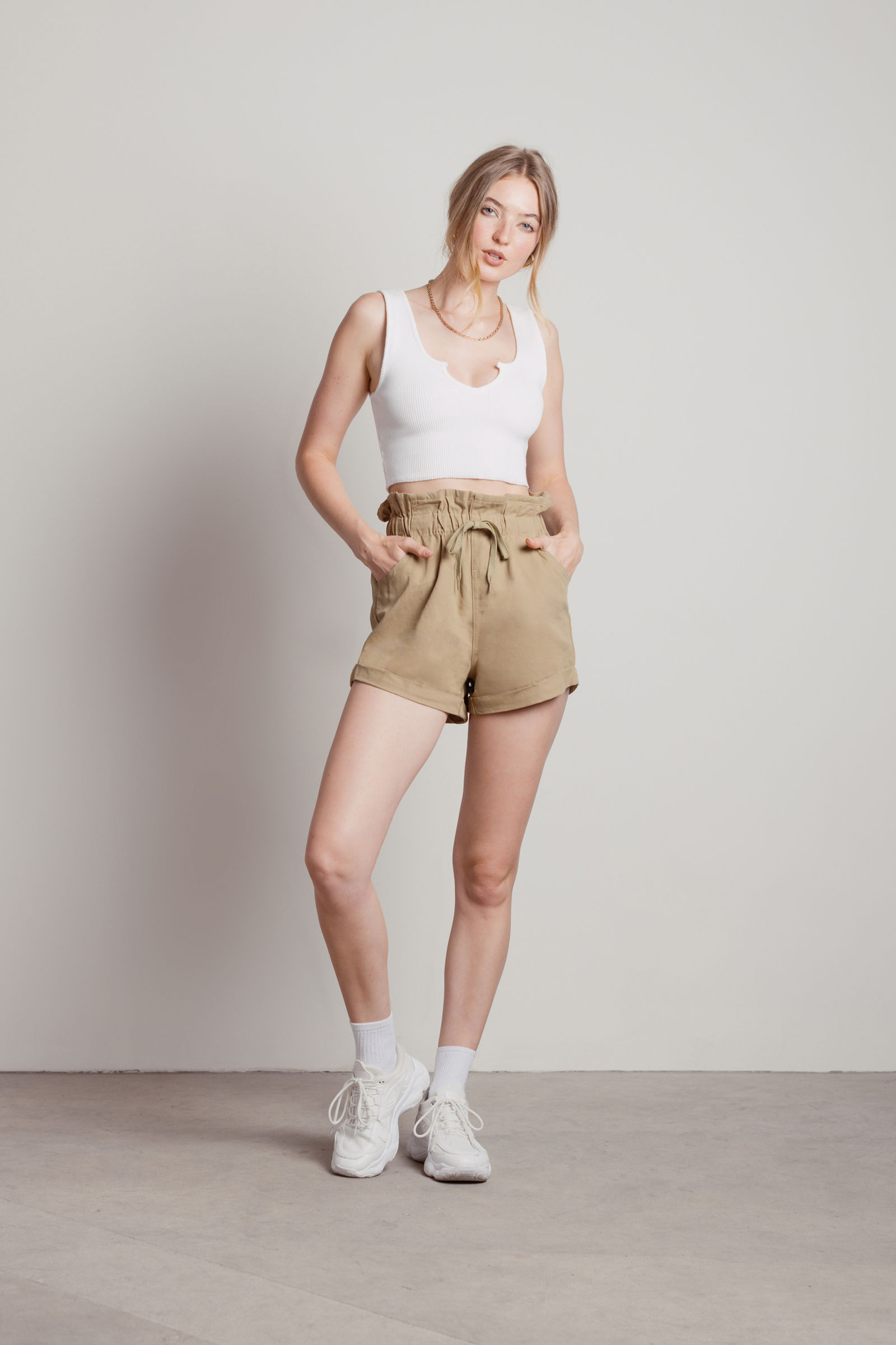 White Shorts - Waist Tie Double Pockets Shorts -White Paperbag Shorts