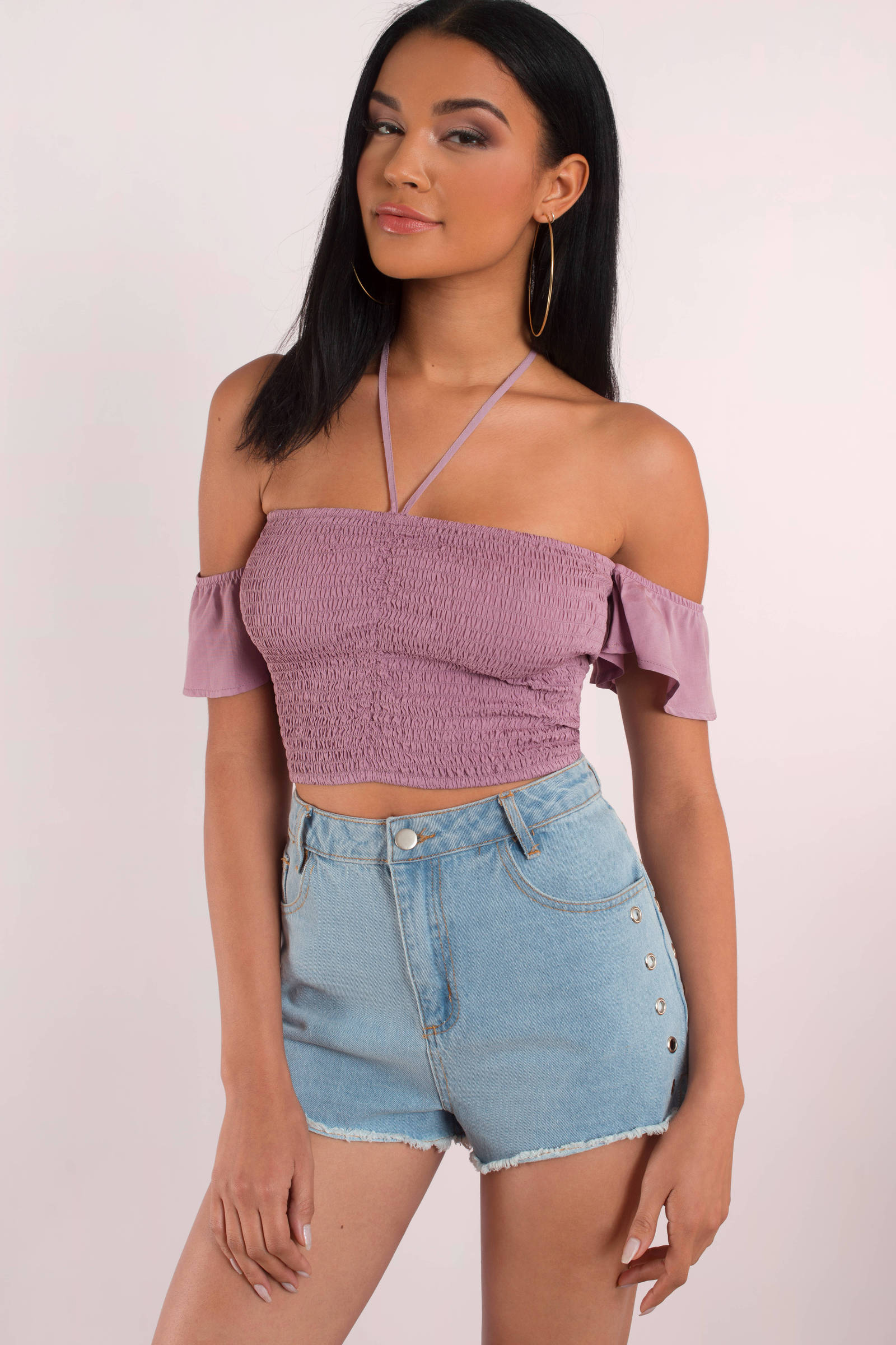 Violet Crop Top - Lilac Off Shoulder Crop Top - Halter Tie Sleeves Crop Top