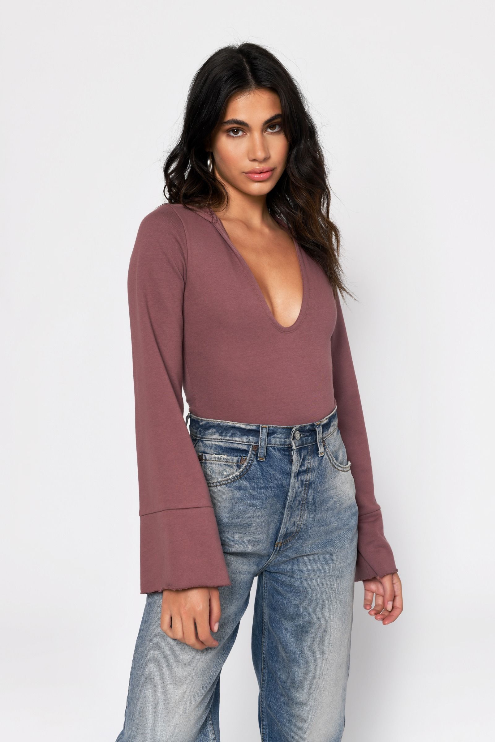 Trendy Bodysuit - Bell Sleeve - Black Acid Plunging Bodysuit