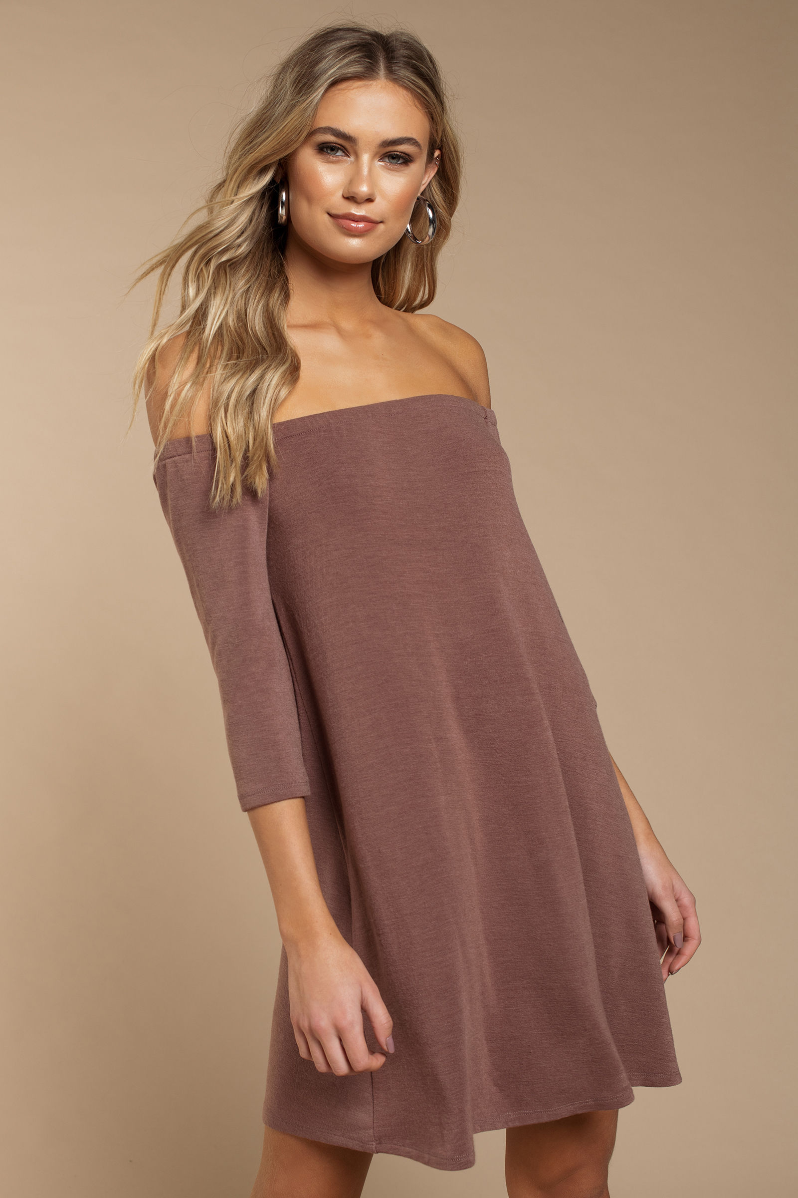 Purple Mini Dress - Off Shoulder Shift Knit Dress - Mauve Bardot Neck Dress