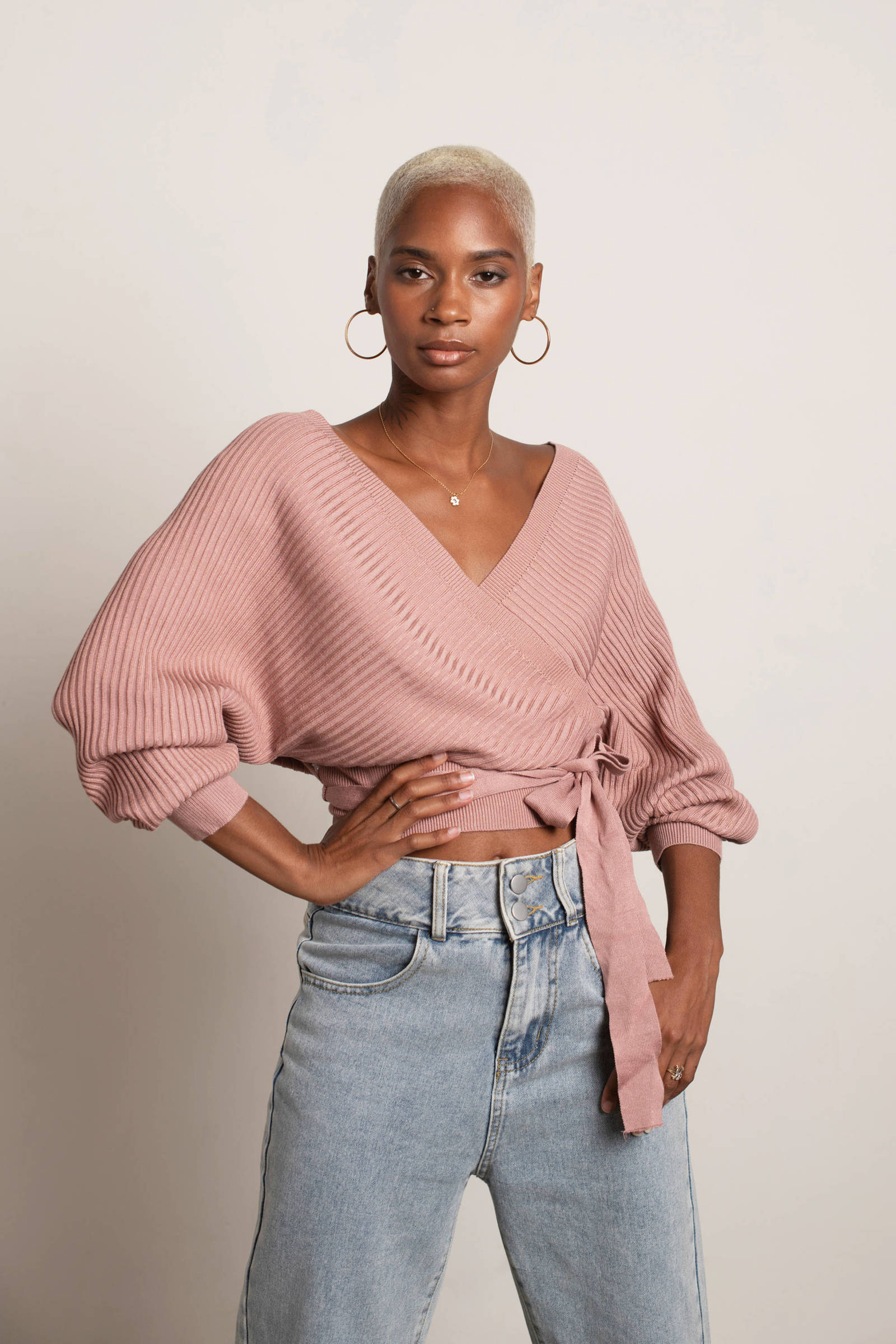 Pink Sweater - Ribbed Wrap Tie Sweater - Light Pink Bardot Neck Sweater