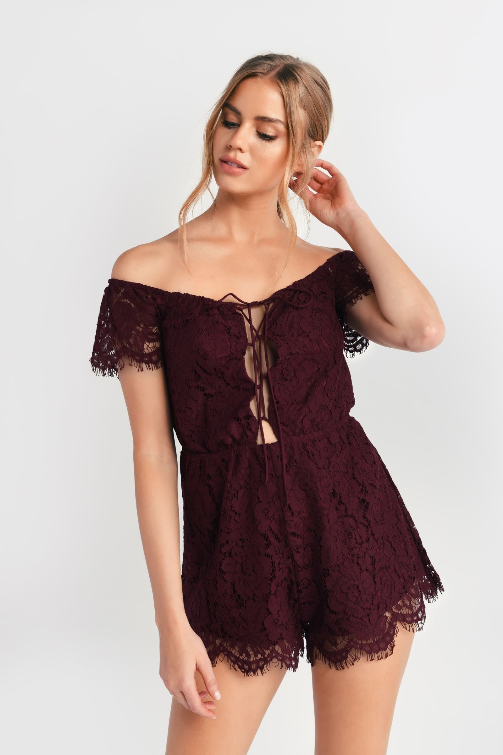 Merlot Romper - Fitted Lace Romper - Scallop Hem Romper