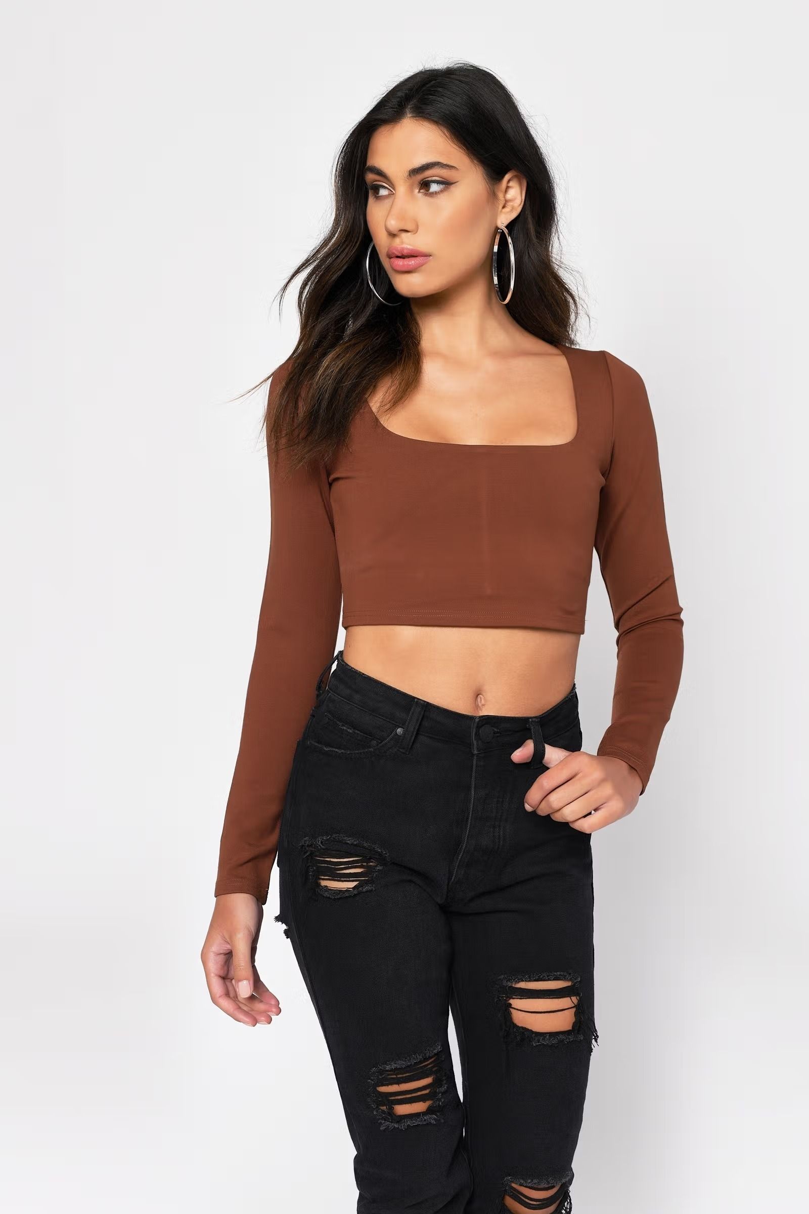 Brown Crop Top - Square Neck Crop Top - Mocha Long Sleeve Crop top