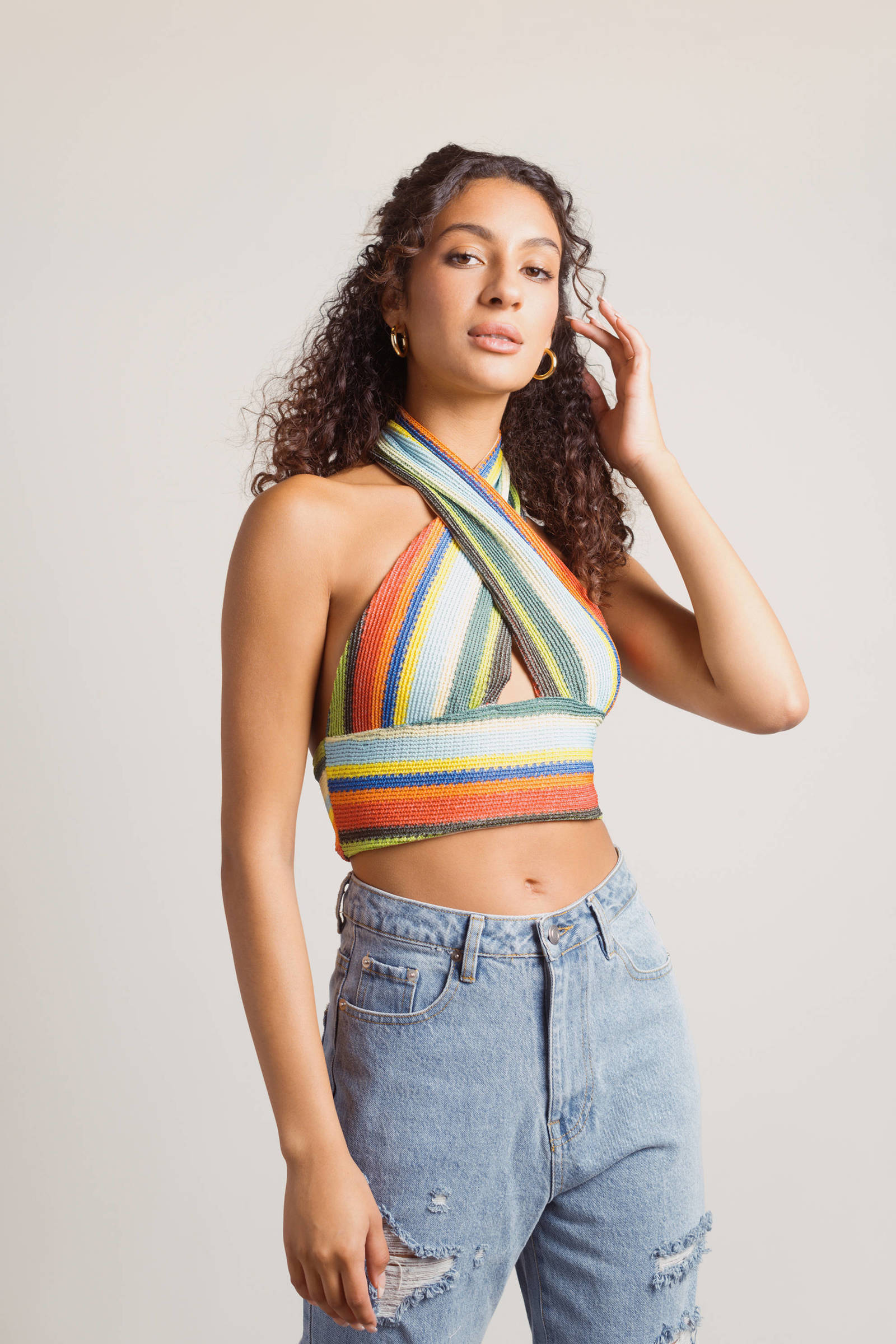 Multi Color Crop Top - Multi Halter Neck Crop Top - Striped Print Crop Top