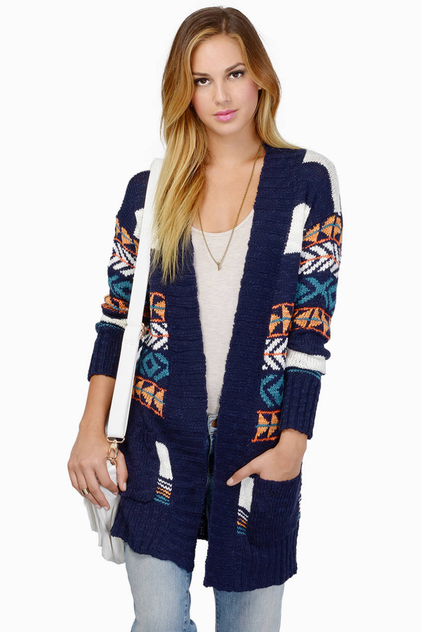 Navy Cardigan - Wrap Cardigan - Southwest Print Cardigan