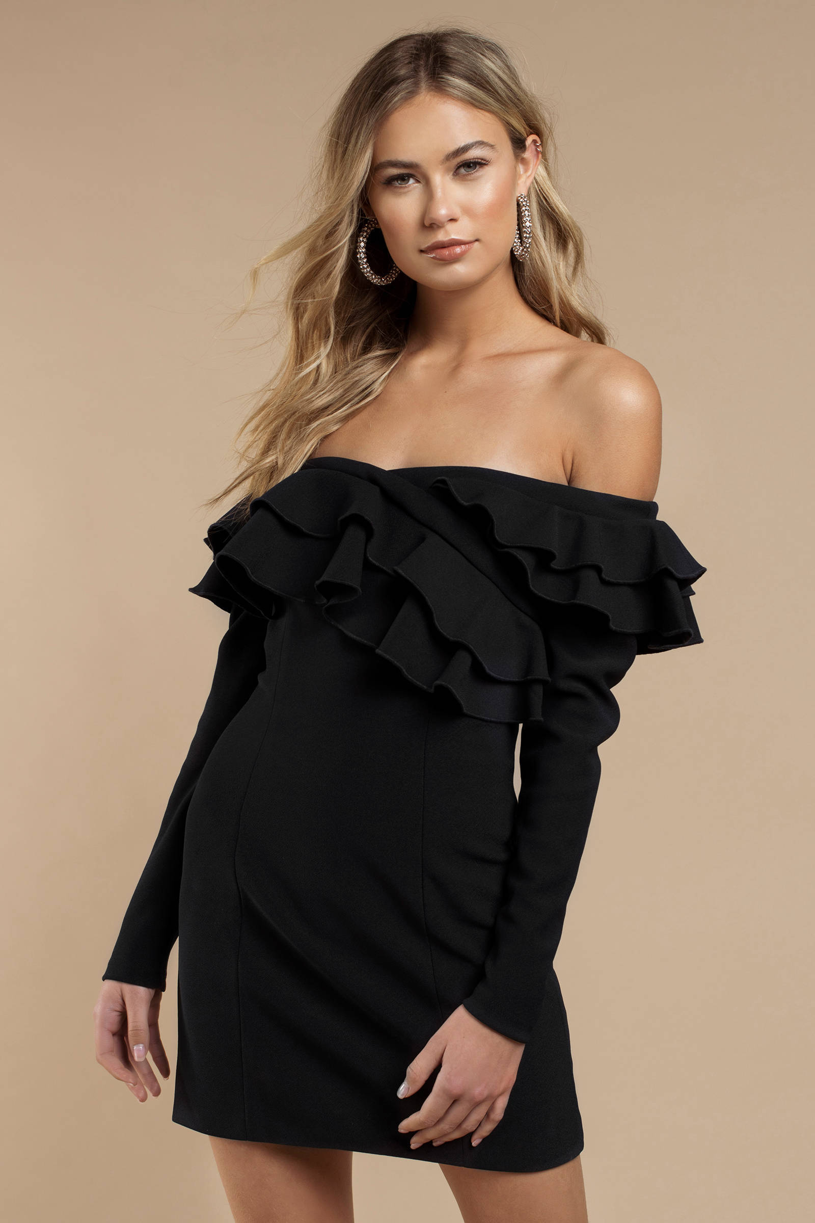 Blue Mini Dress - Off Shoulder Bodycon Dress - Long Sleeve Ruffled Navy ...