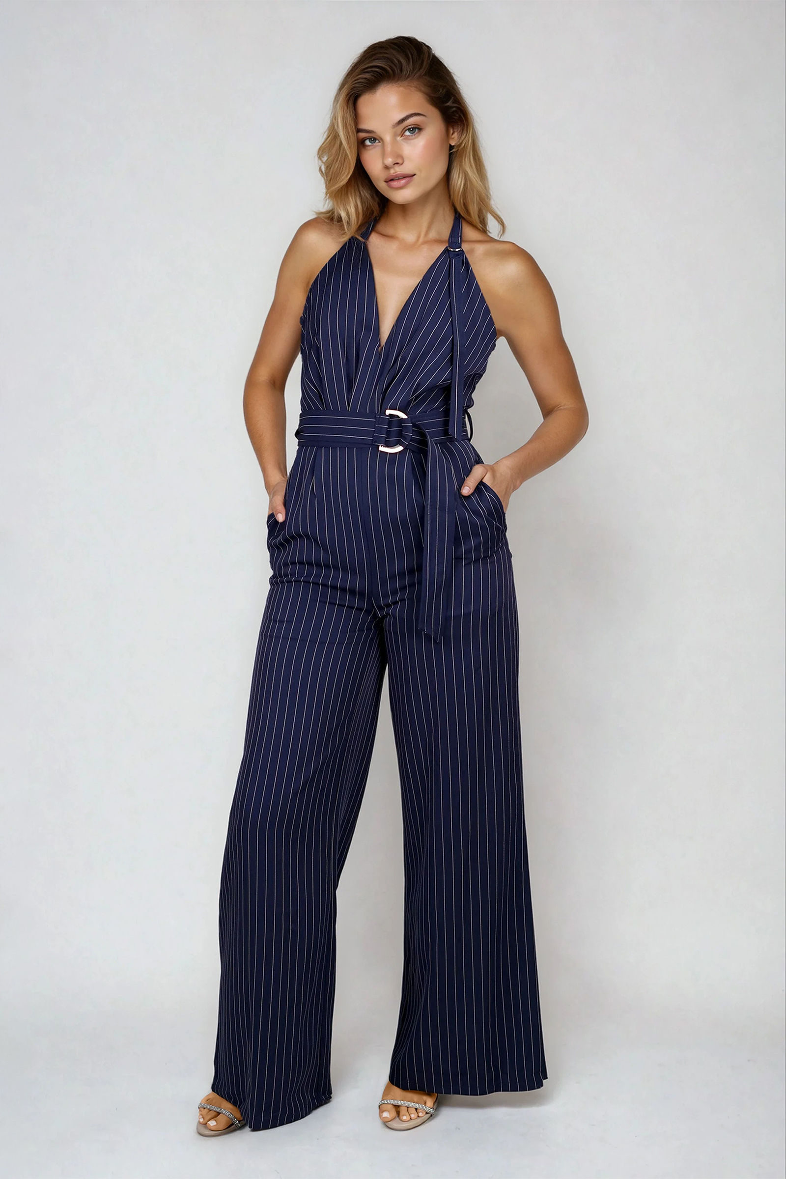 Strut & Stripe Belted Halter Jumpsuit - Navy - $31 | Tobi US