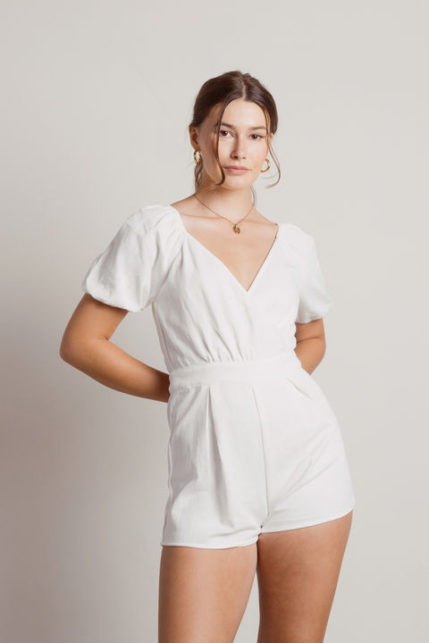 White Romper - Smocked Swiss Dot Romper - Puff Sleeve Romper