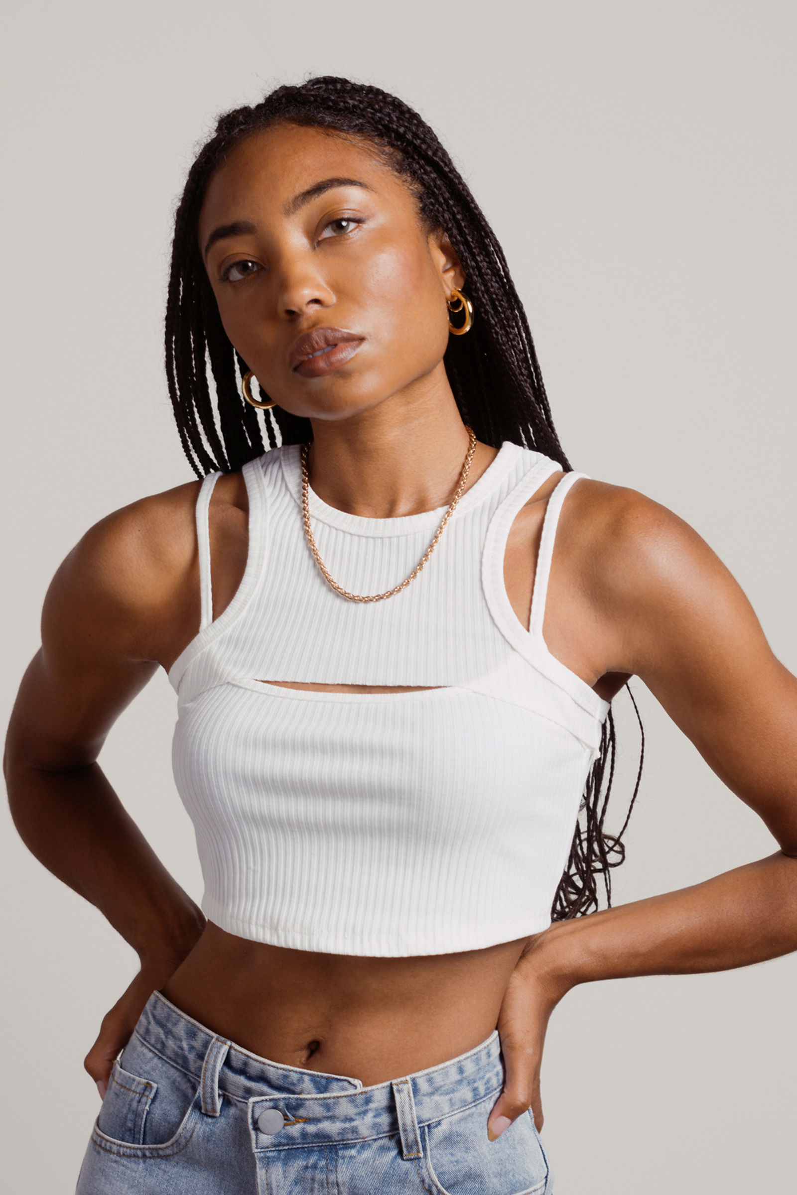 White Cutout Tank Top - Ribbed Crop Top - Halter Top