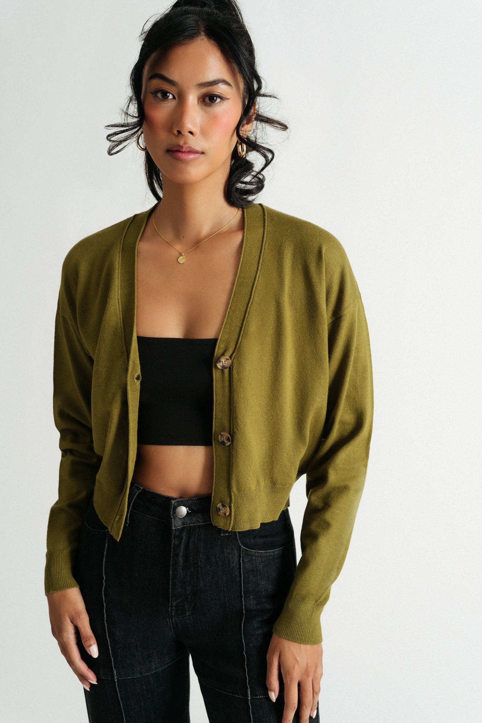 Olive Green Button Up Cardigan - Crop Top Long Sleeve