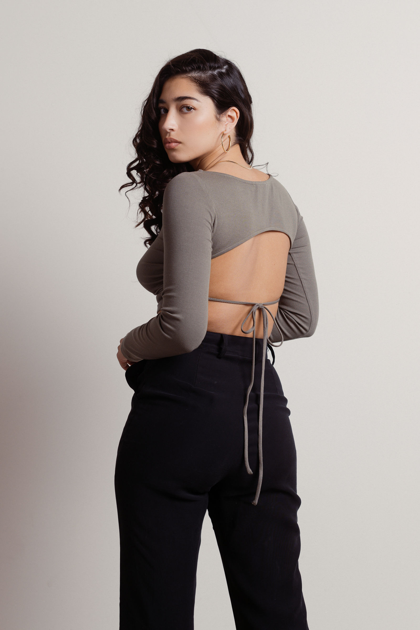 Black Backless Crop Top - Long Sleeve High Neck Top - Ribbed Crop Top