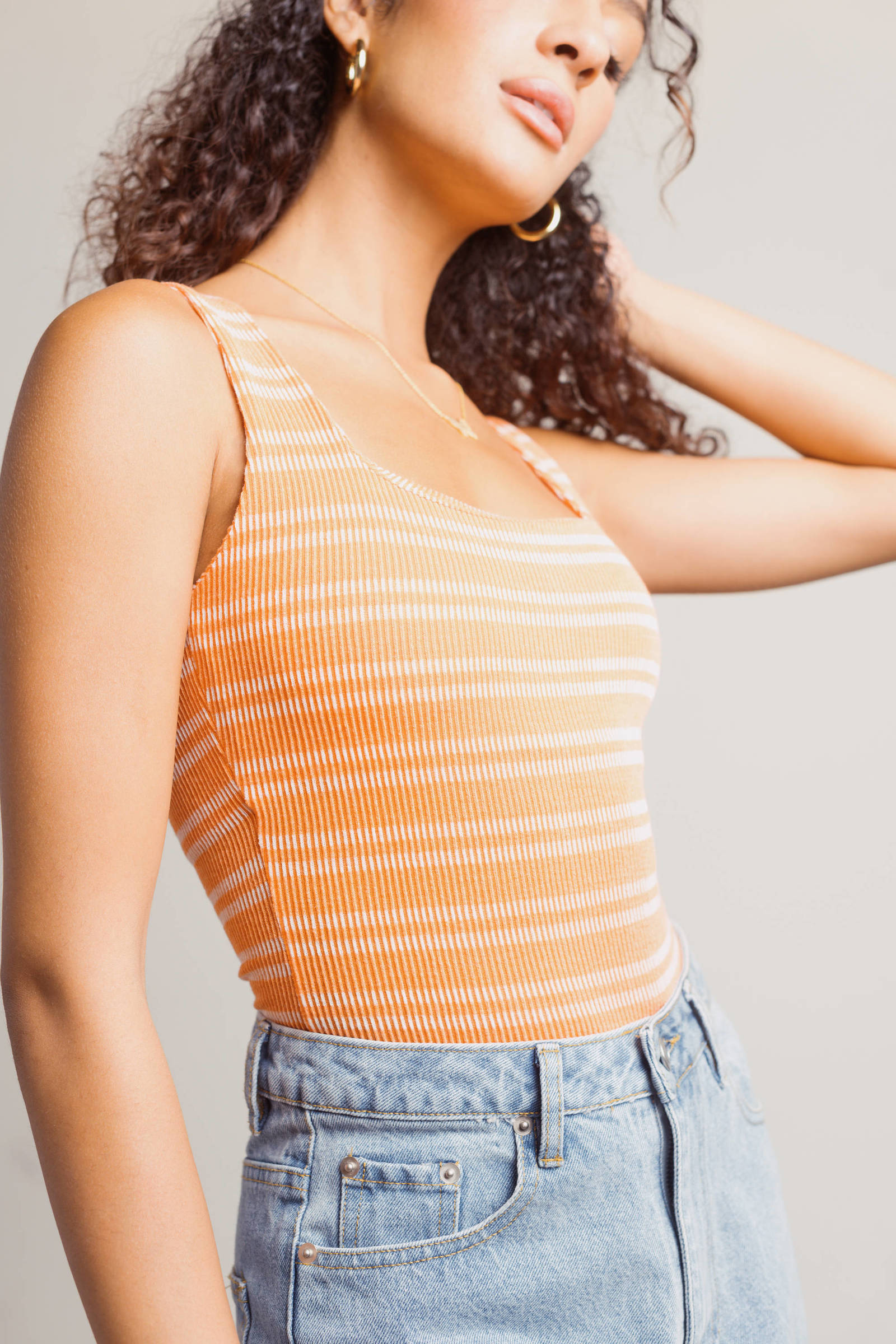 Orange Striped Bodysuit - Square Neck Tank Bodysuit - Sleeveless Bodysuit