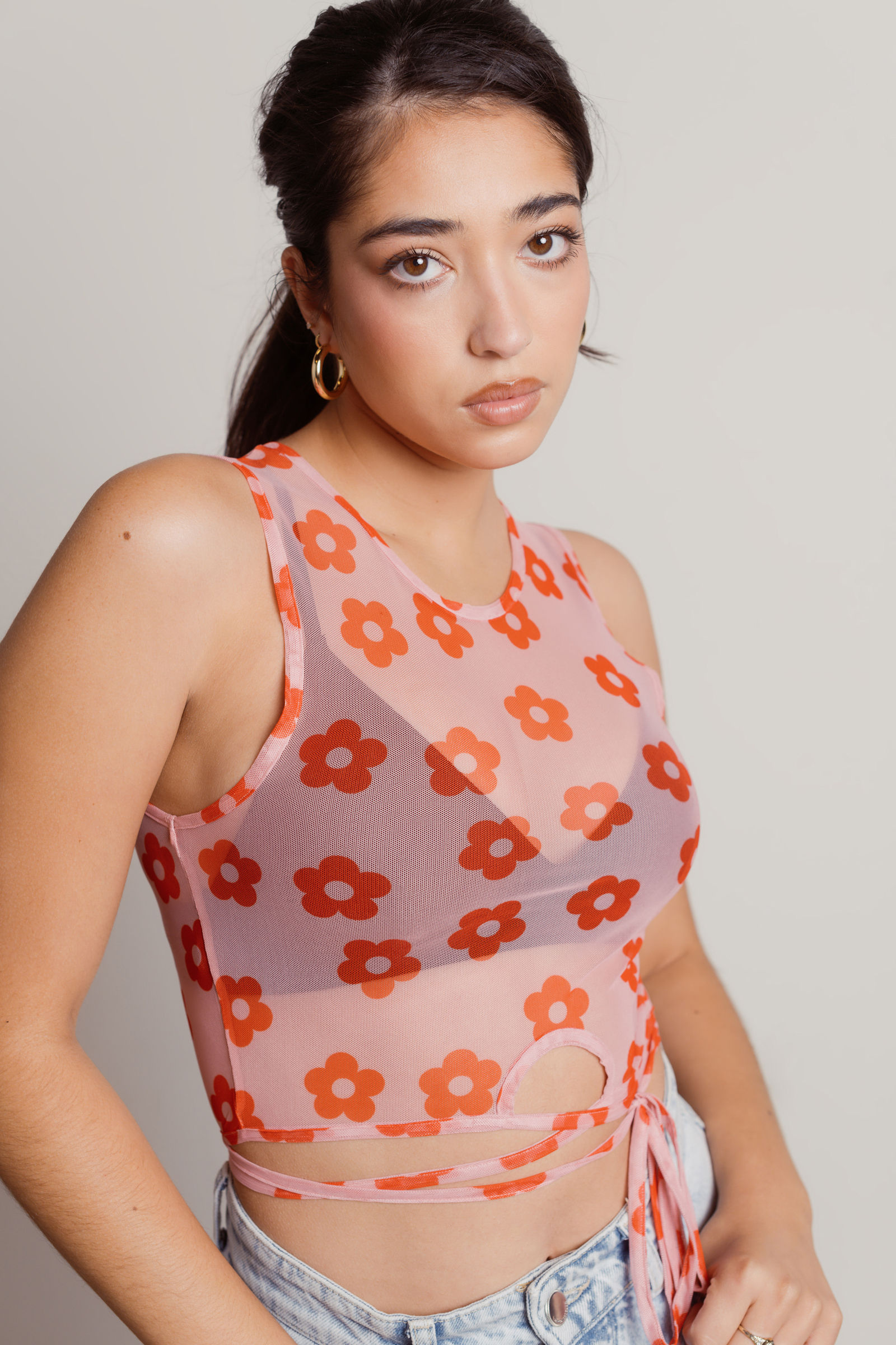 Pink Mesh Top - Waist Tie Crop Top - Flower Print Top