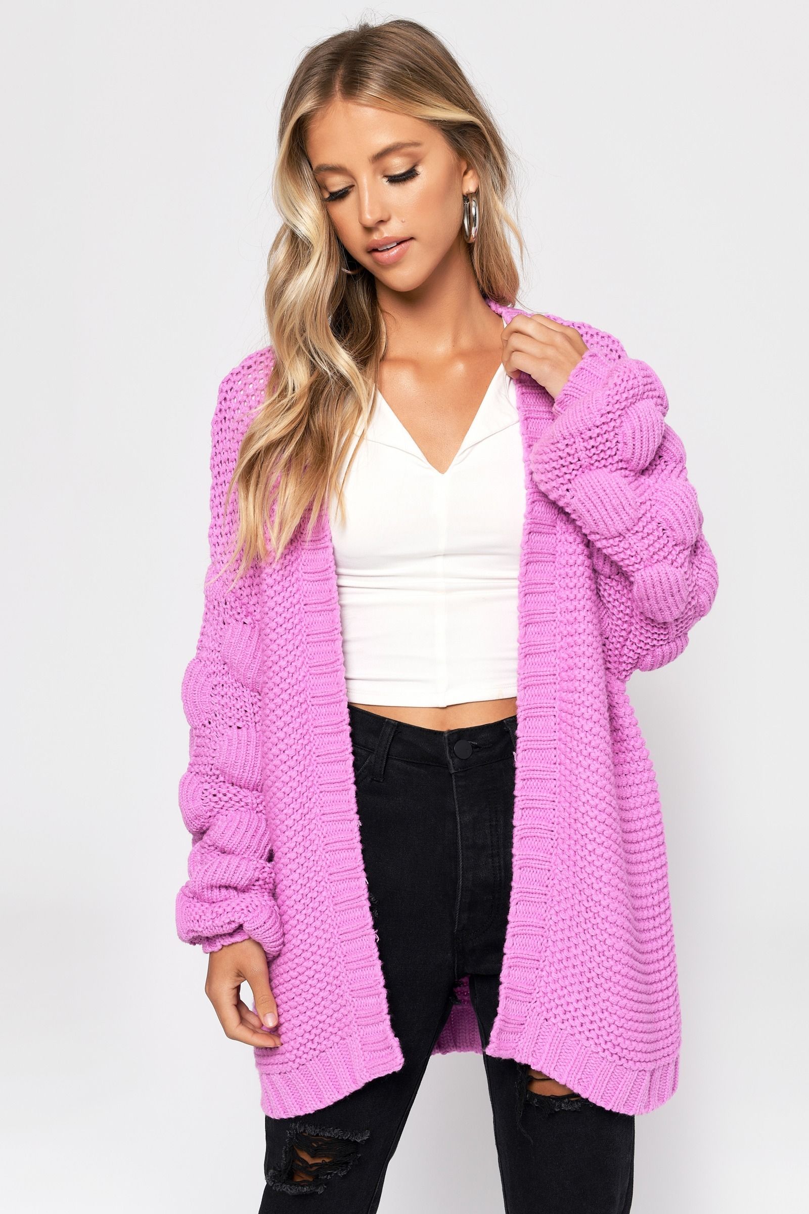Pink Cardigan - Oversized Sweater - Pink Pom Pom Cardigan