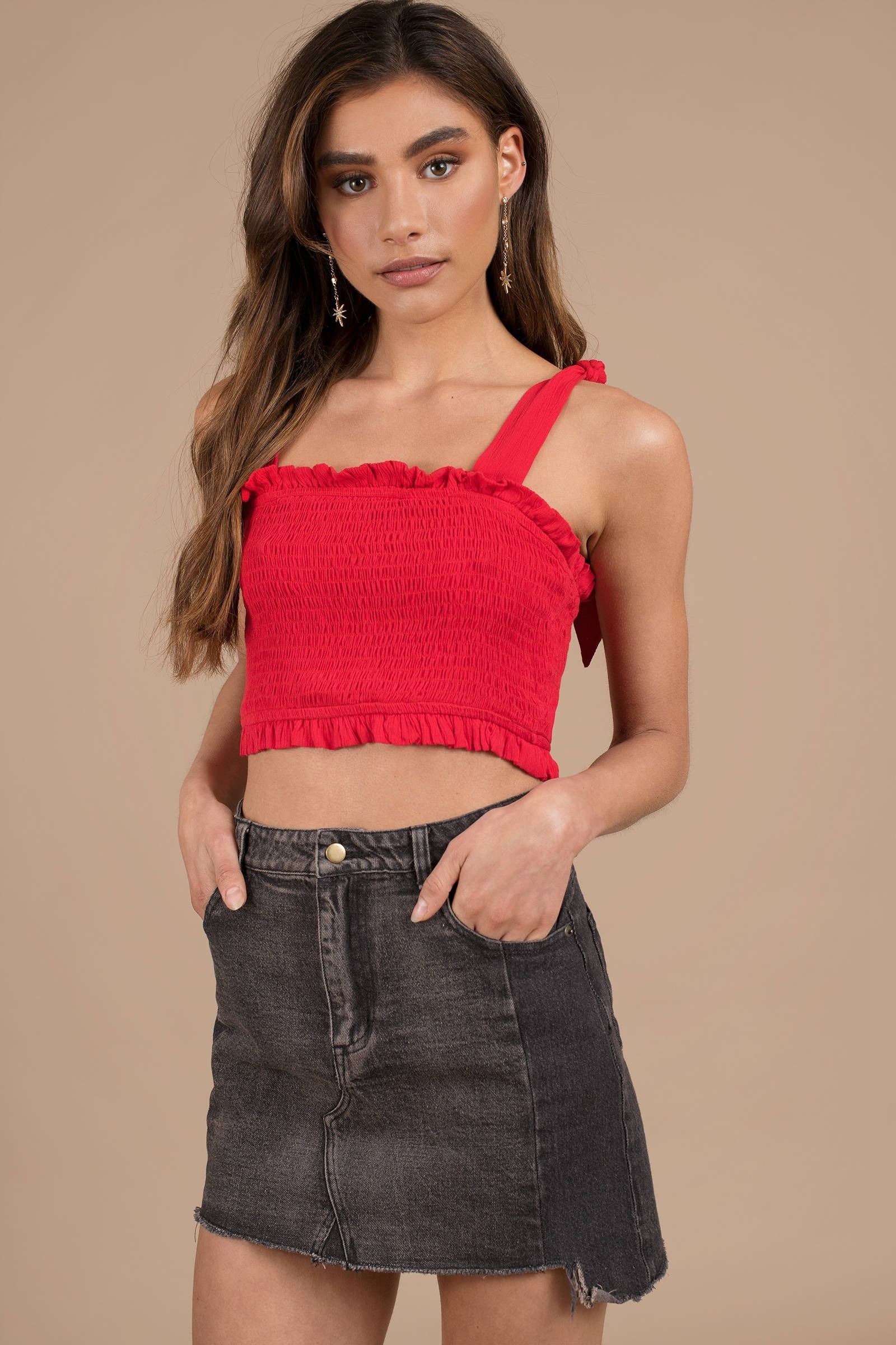 Red Crop Top - Smocked Crop Top - Square Neckline Crop Top