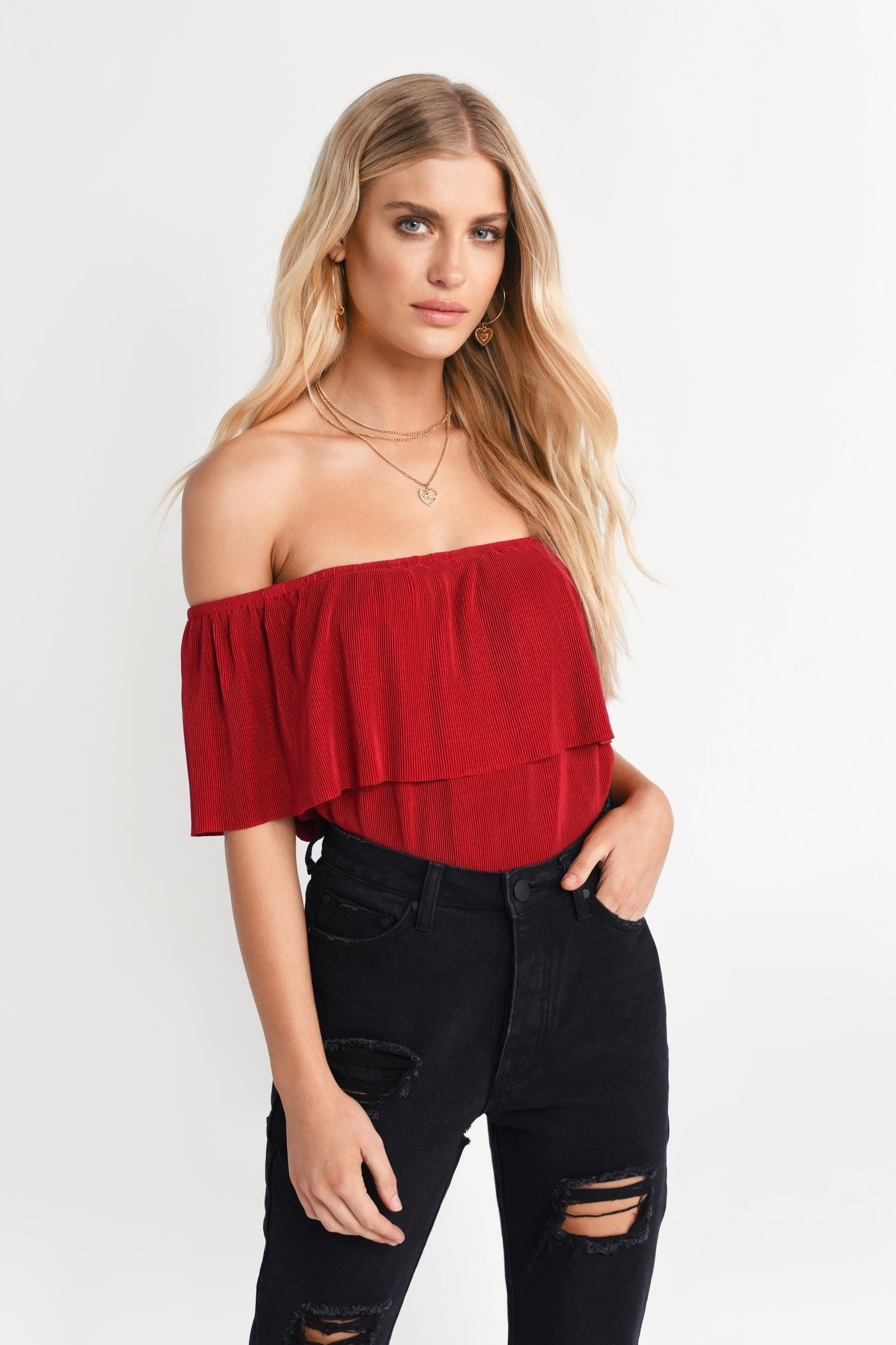 Cute Red Blouse - Date Top - Off Shoulder Red Top - Pleated Top