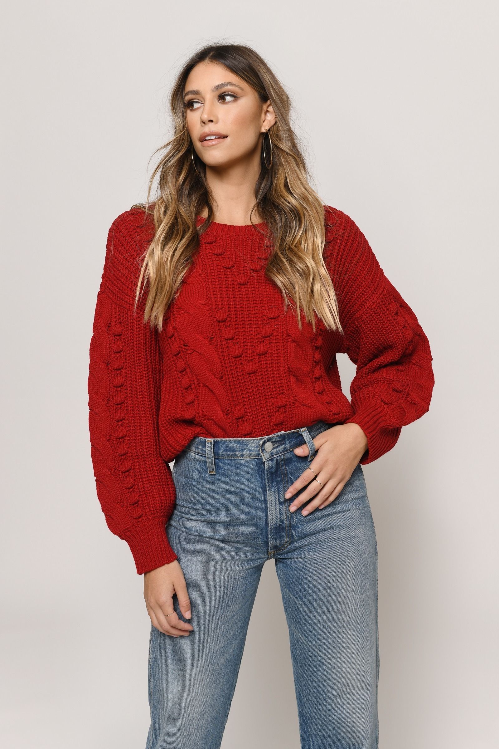 Red Sweater - Crew Neckline Sweater - Bubble Sleeve Sweater