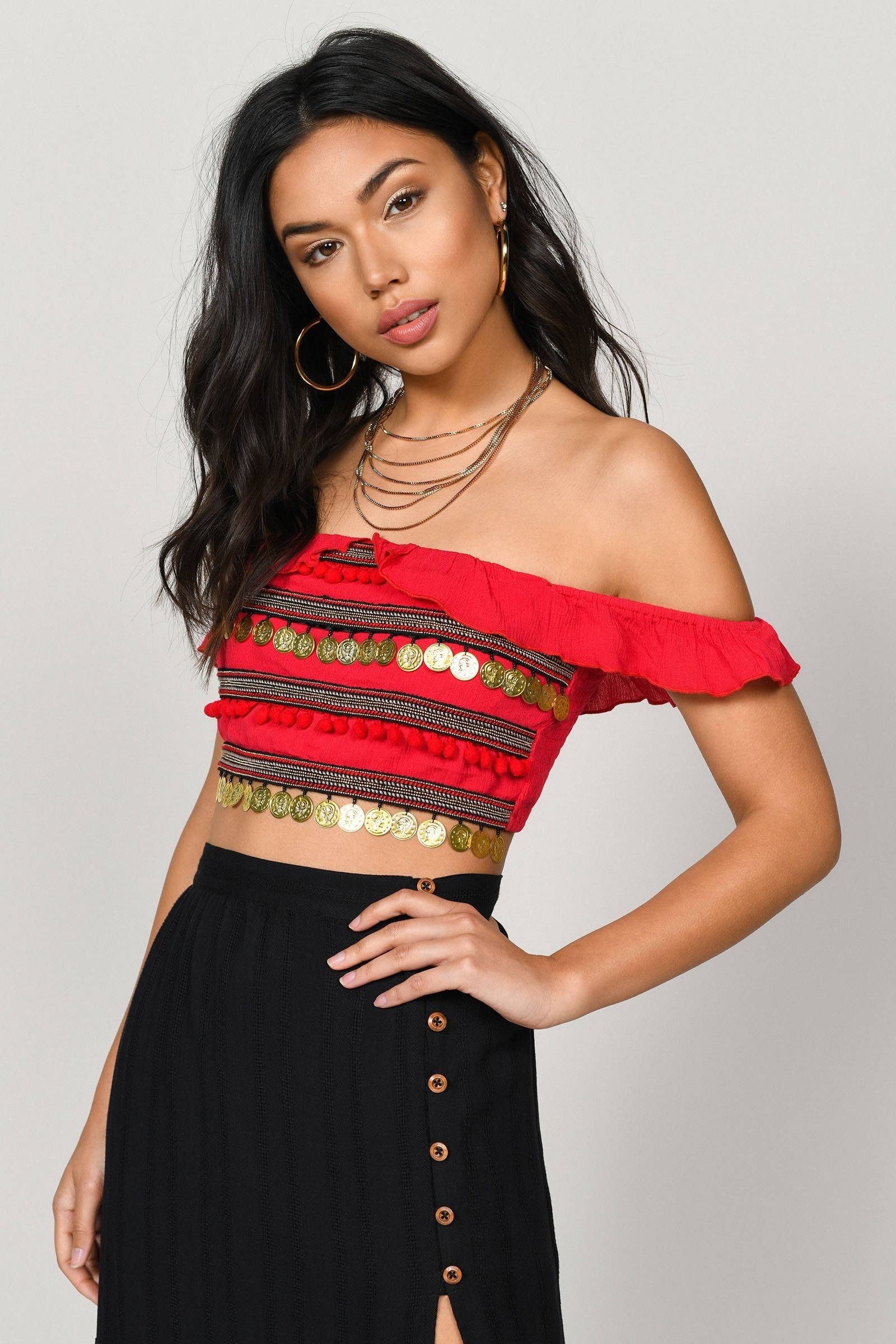 Red Crop Top - Off Shoulder Crop Top - Pom Pom And Gold Metal Coin Crop Top