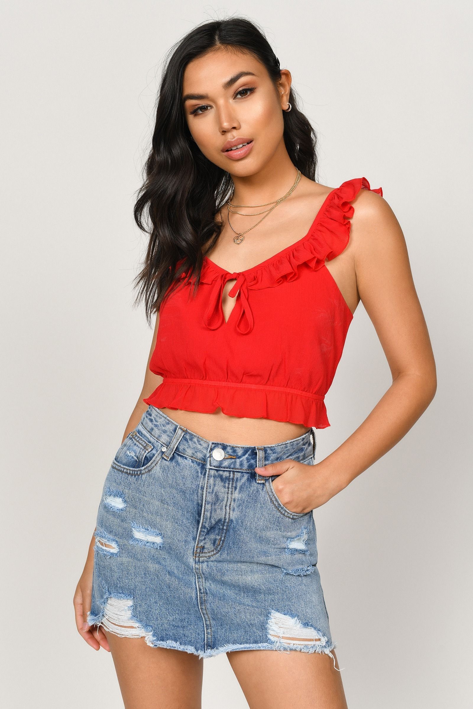 Sexy Red Crop Top - Ruffle Crop Top - Red Keyhole Top