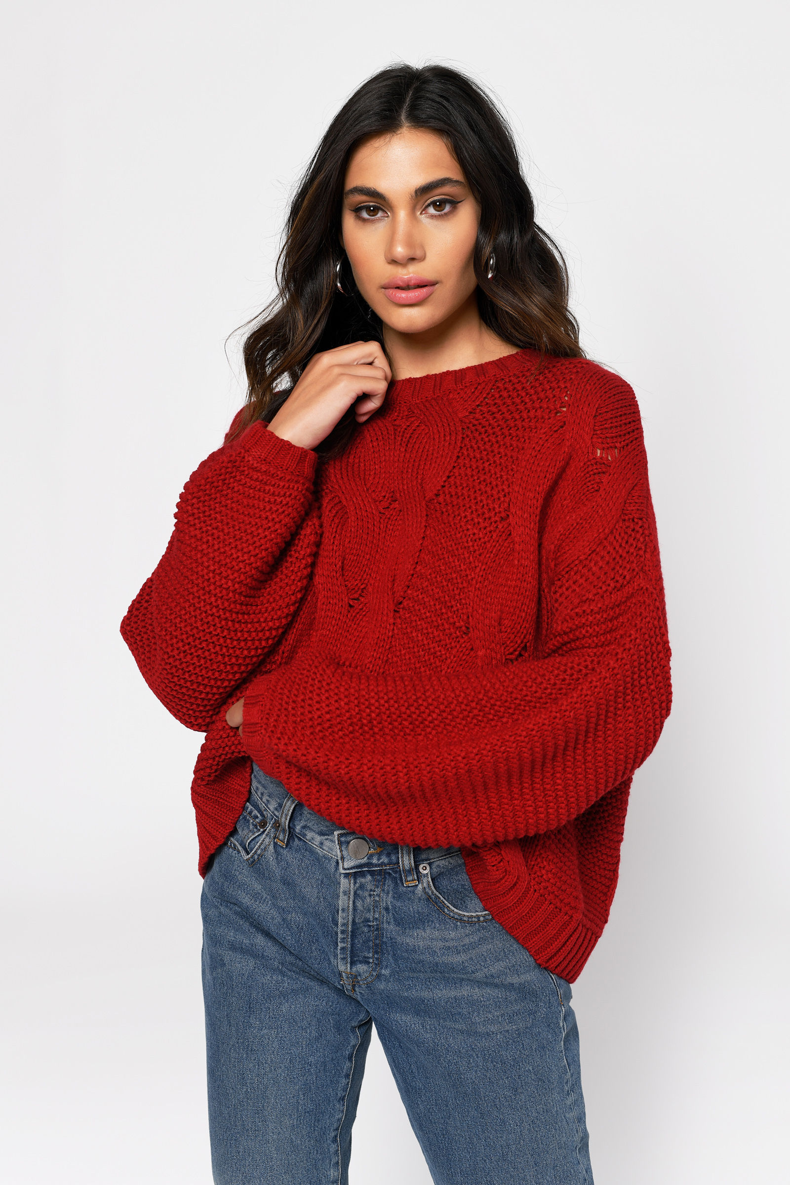 Red Sweater - Chunky Knit Sweater - Crew Neckline Sweater