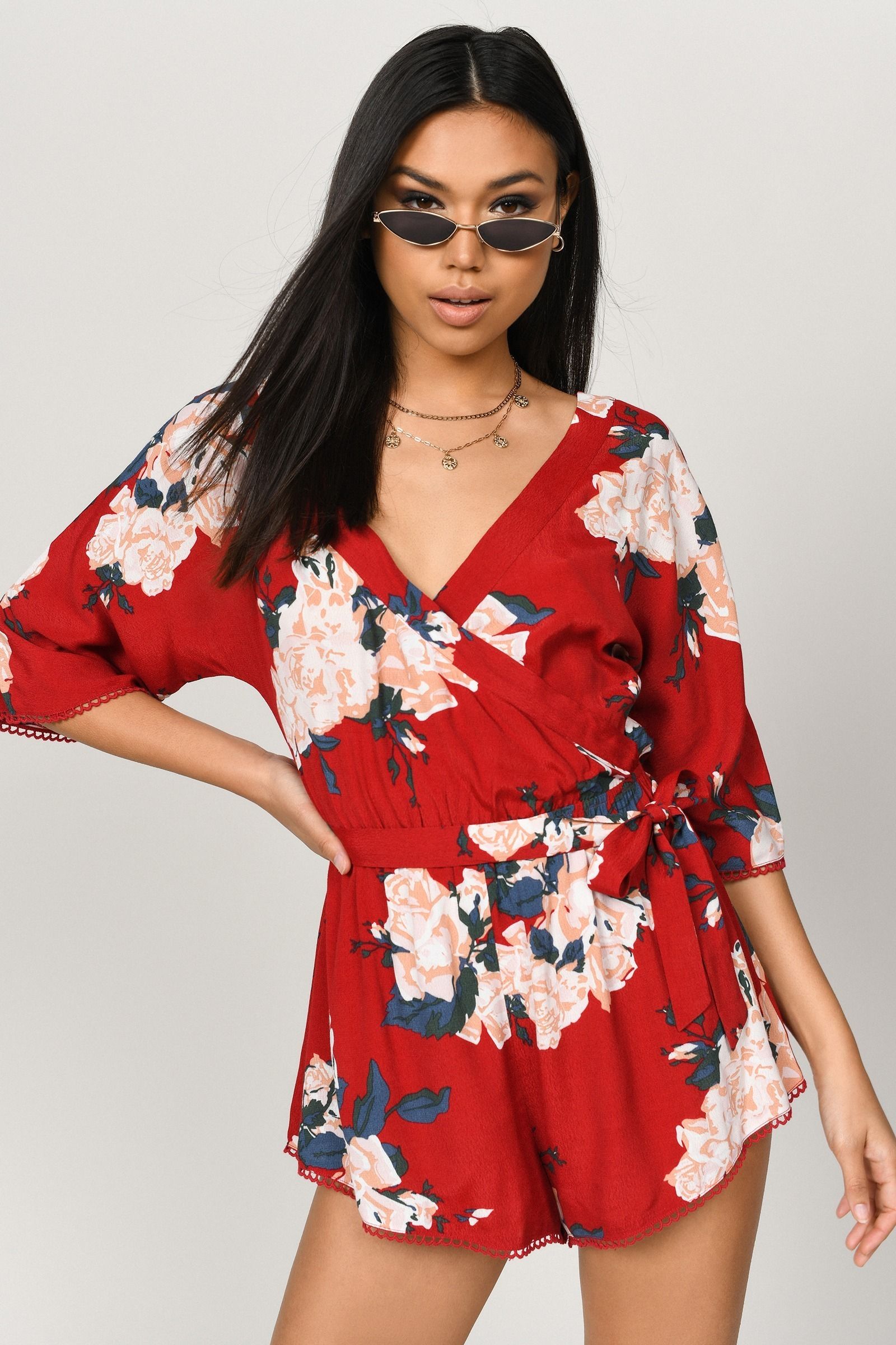 Bright Red Romper - Floral Romper - Picot Trim Romper