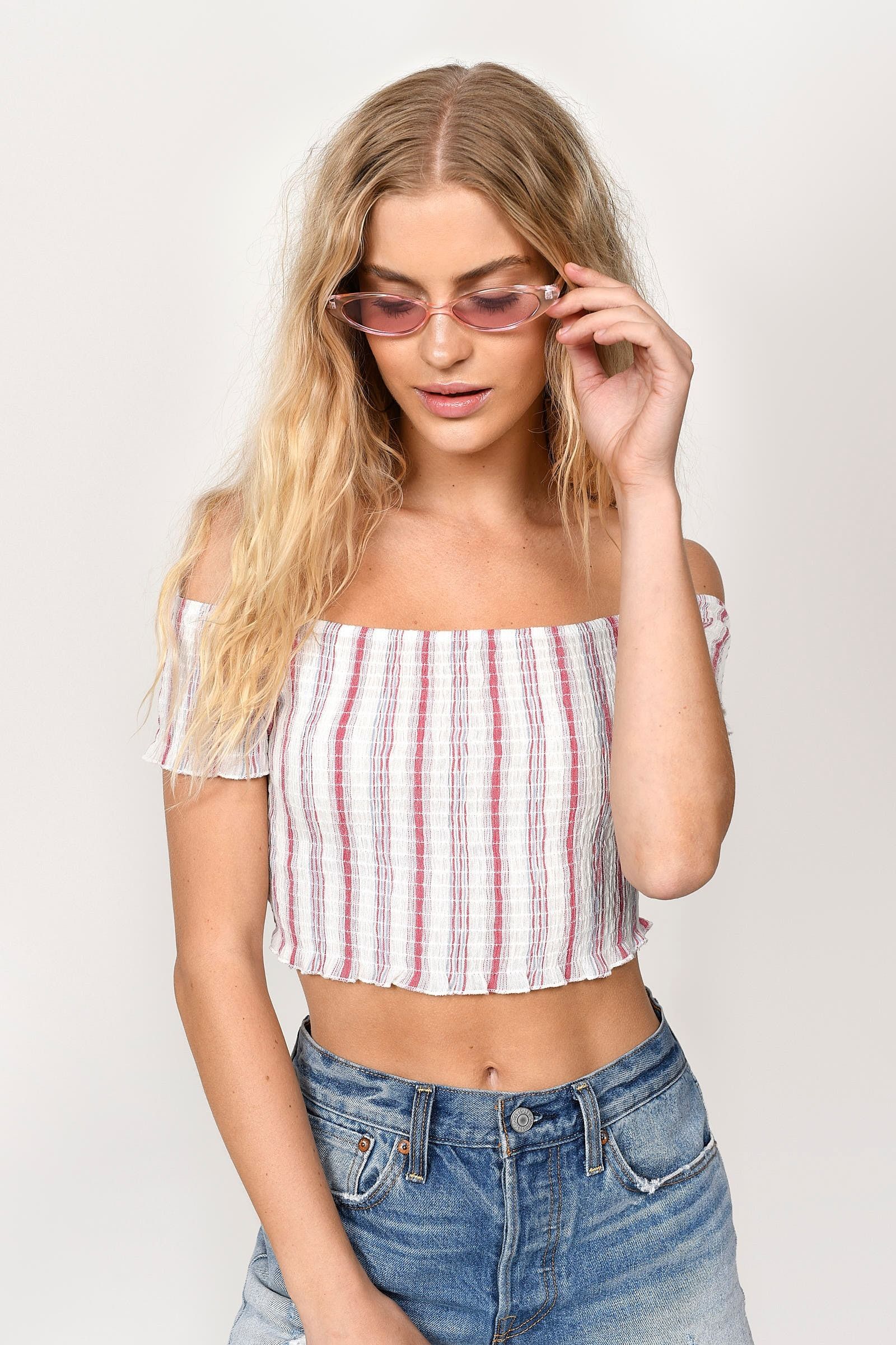 Red Crop Top - Multi Stripe Crop Top - Shirred Top With Ruffle Sleeves