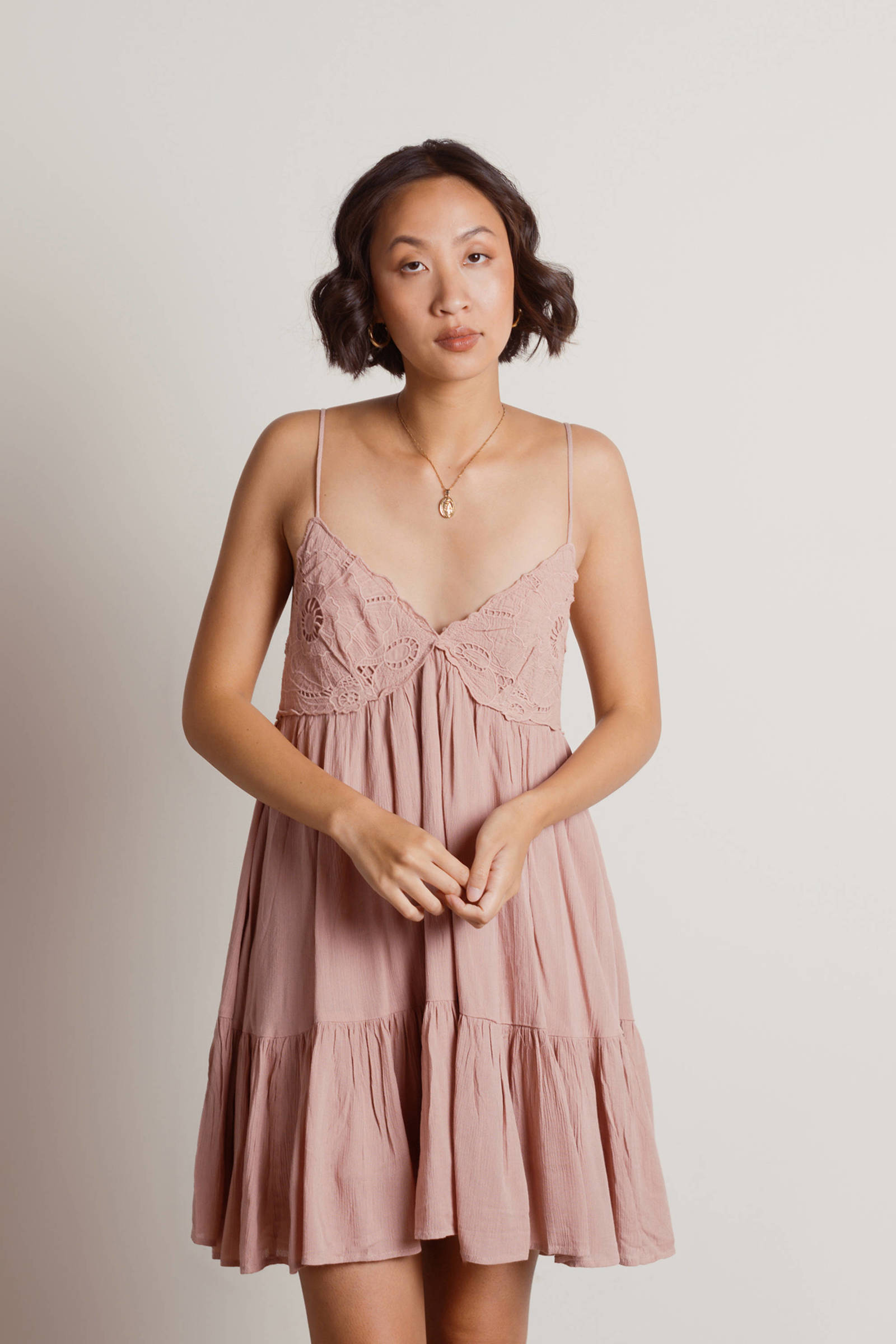 Rose Mini Dress - Crinkle Gauze Flowy Dress - Pink Skater Dress