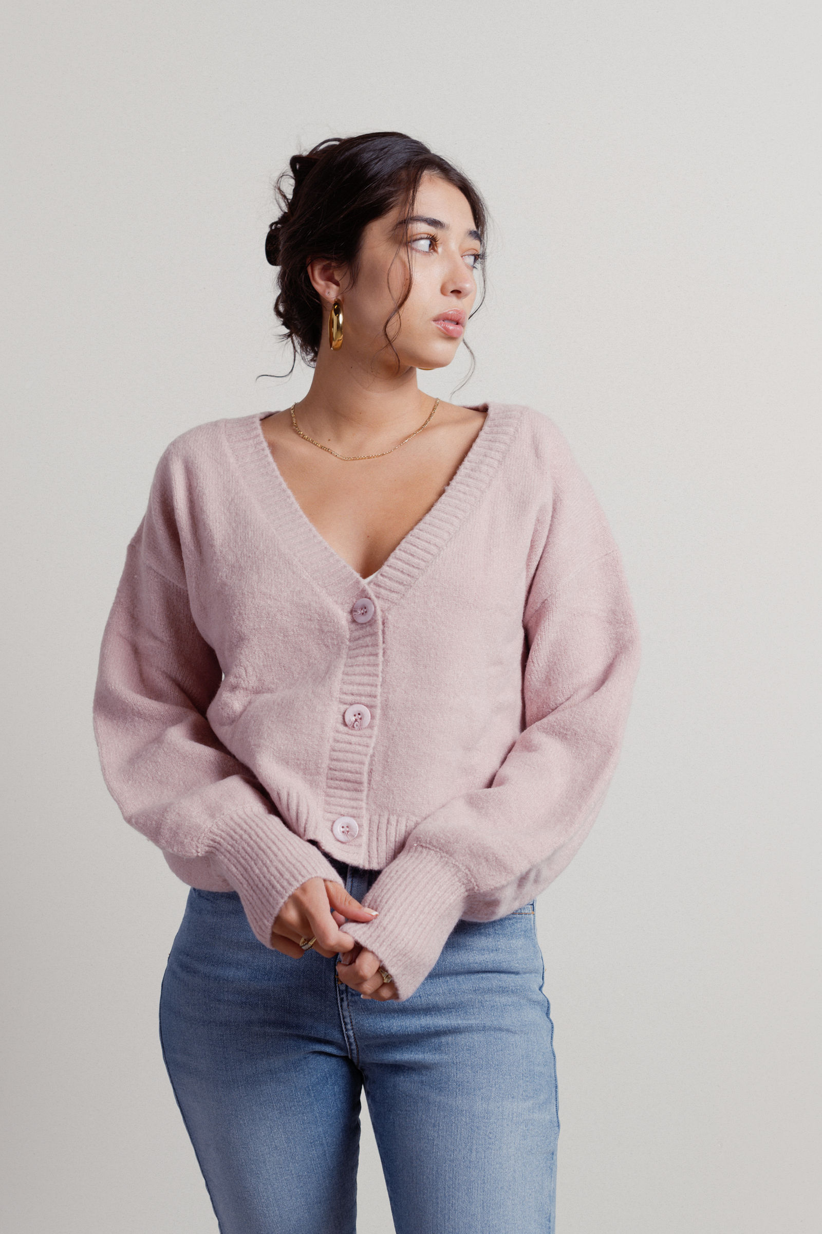 Rose Pink Cardigan - Fuzzy V-Neck Cardigan - Button Down Sweater