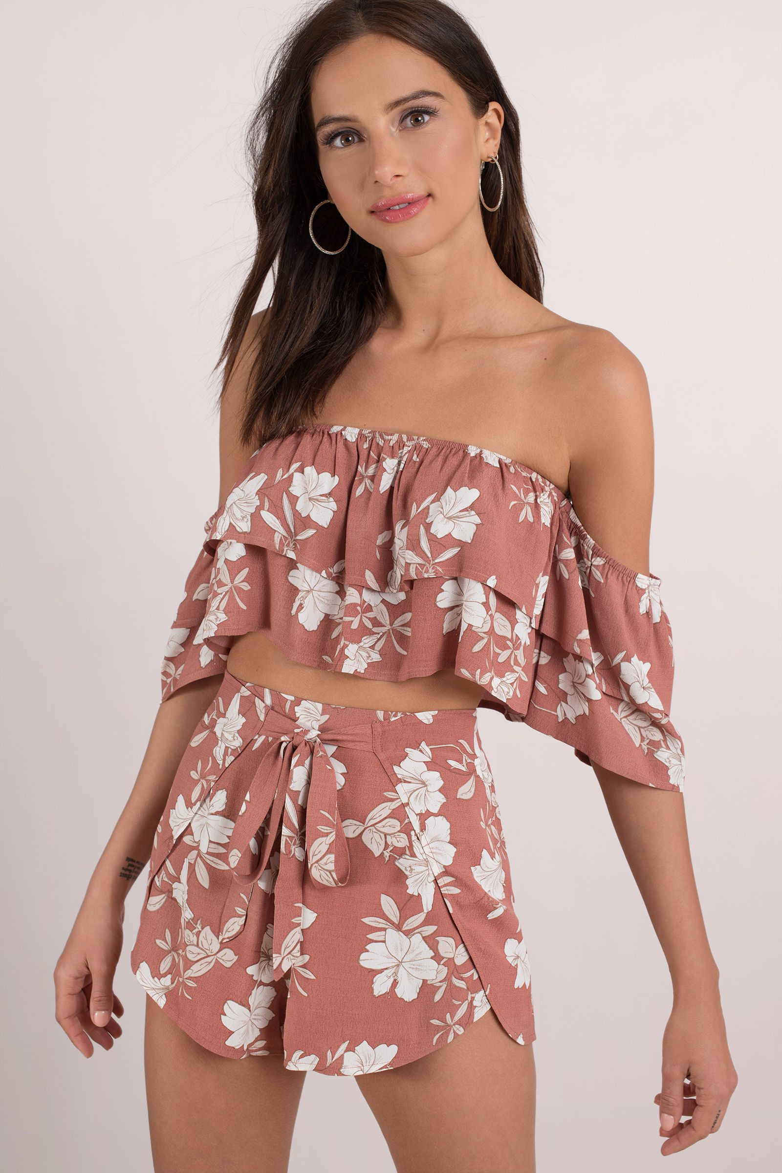 Red Crop Top - Off Shoulder Ruffle Crop Top - Rose Floral Tiered Crop Top