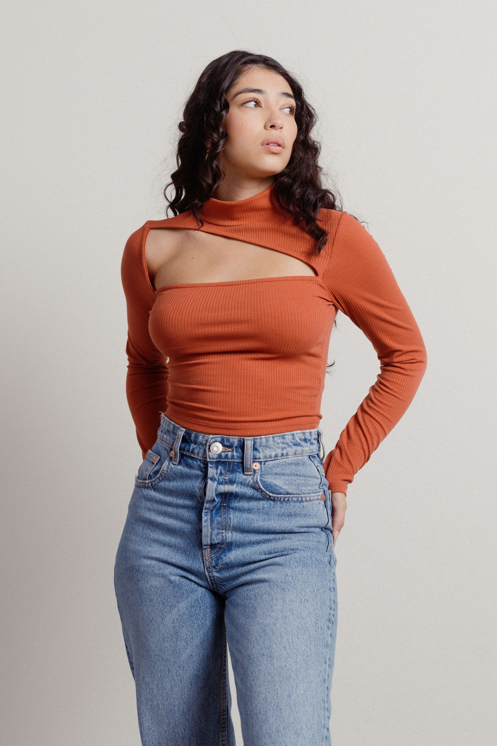 Rust Long Sleeve Top - Orange Front Cut Out Crop Top - Ribbed ...
