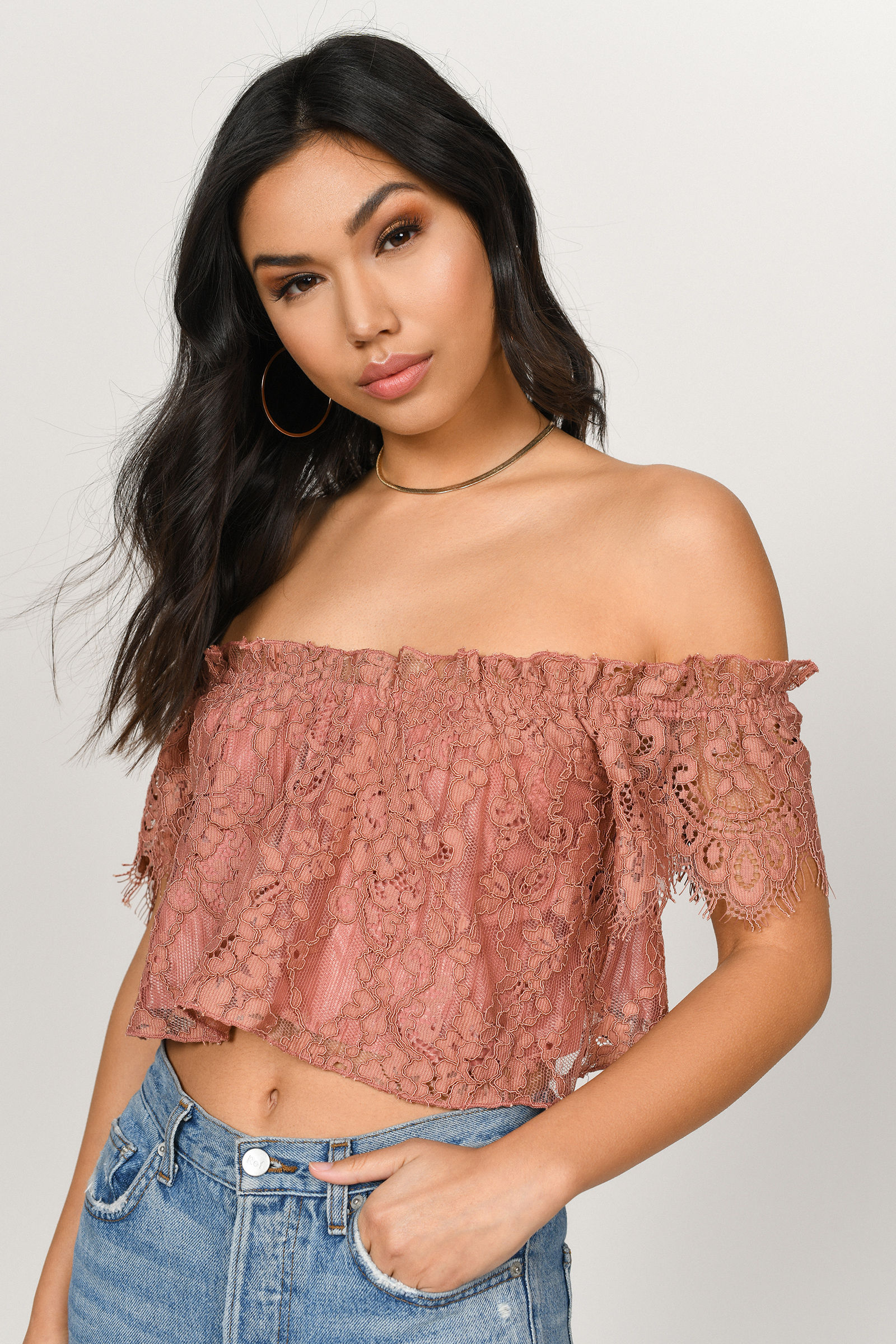 Red Crop Top - Lace Off Shoulder Crop top - Runched Crop Top