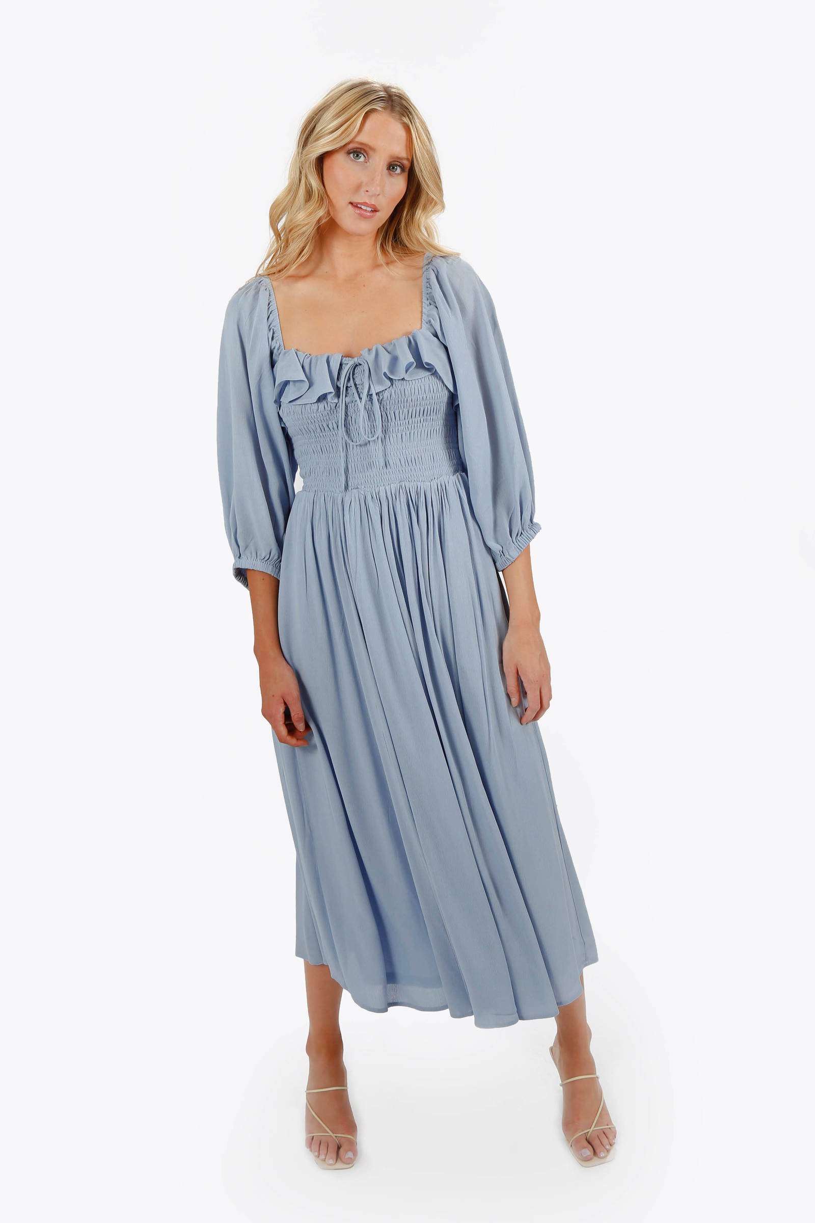 Ariadne Geri Dress Square Neck Smocked Midi Dress - Sky Blue - $41 ...