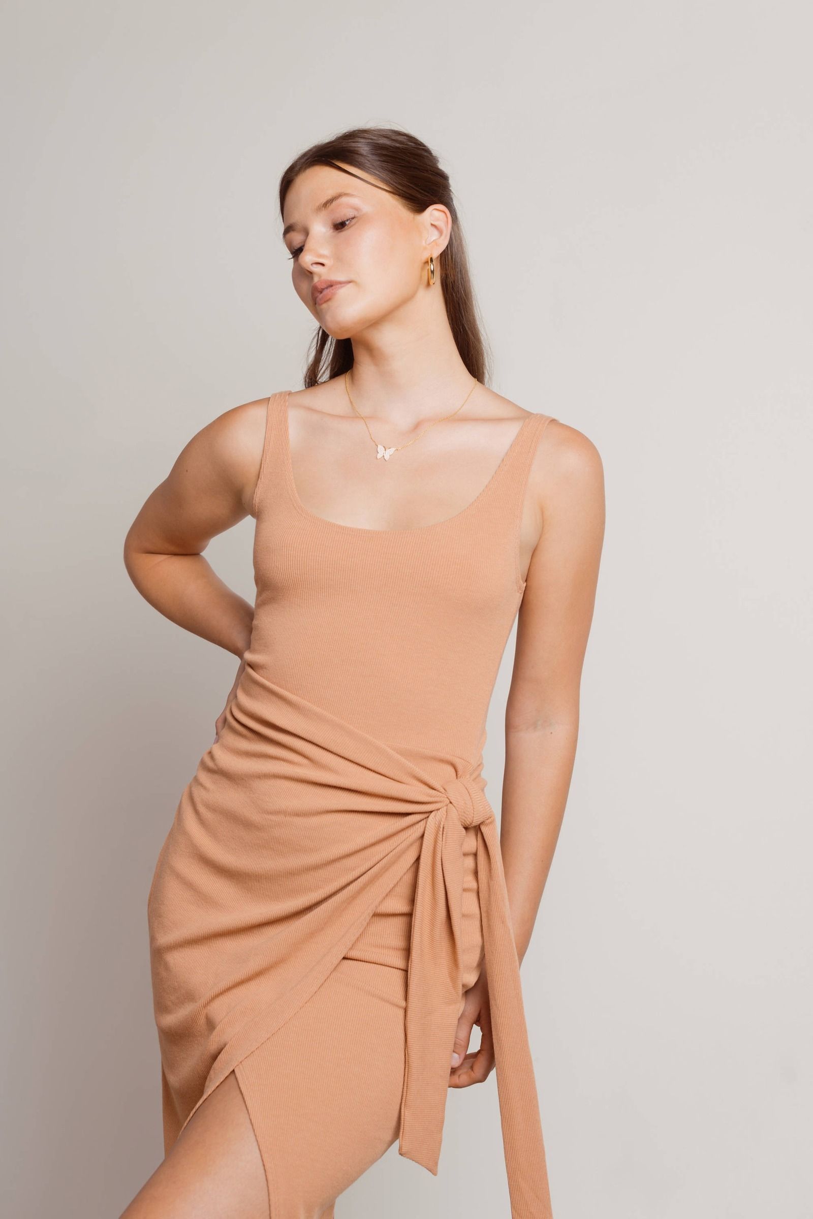 Tan Wrap Dress - Light Brown Midi Dress - Draped Dress