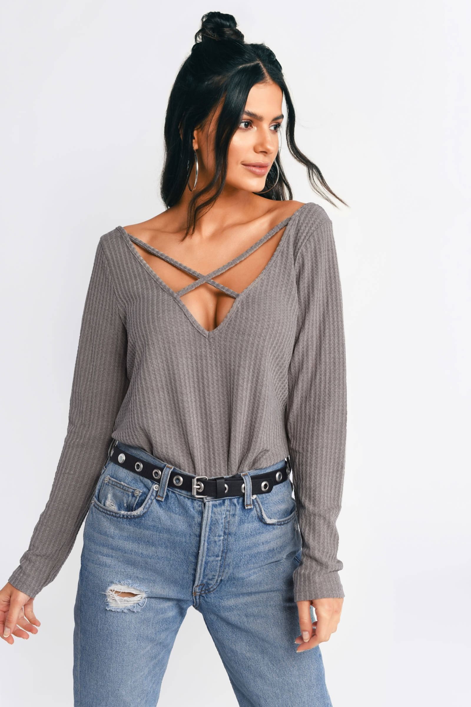 Chic Black Top - Criss Cross Front and Back Top - Black Long Sleeve Top