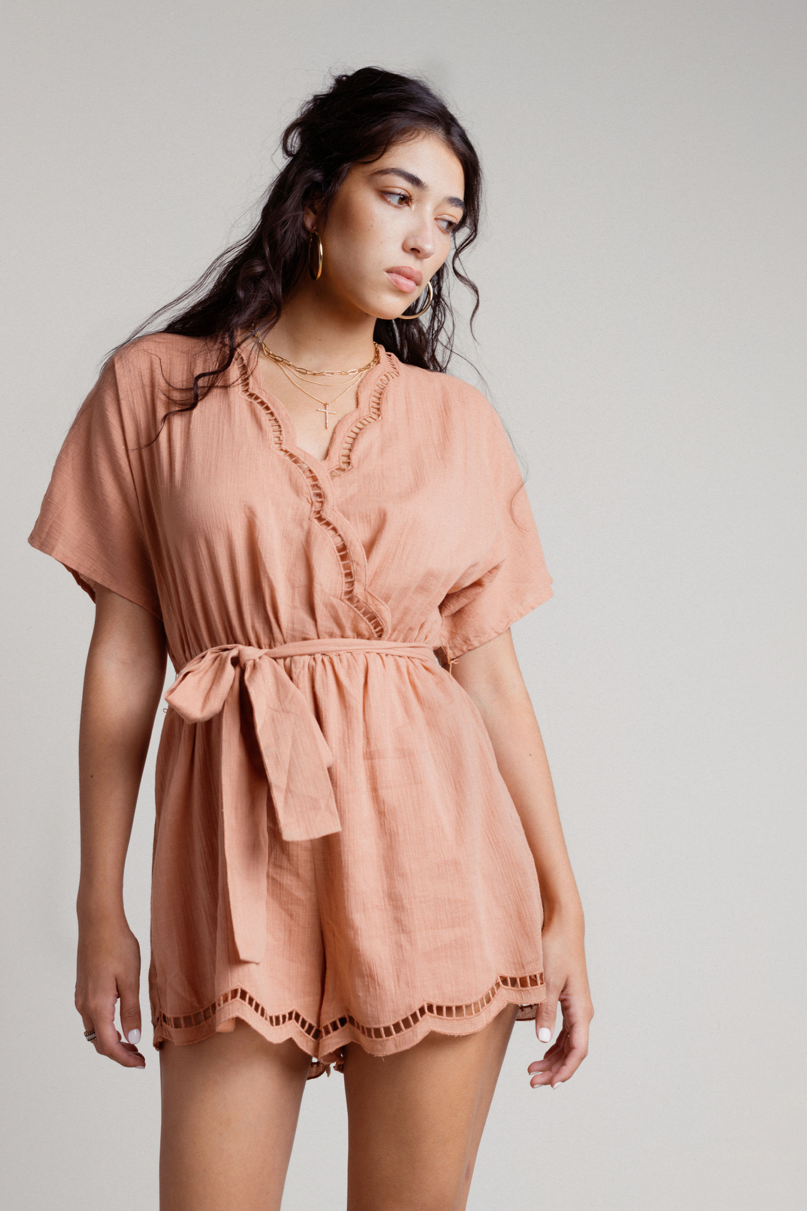 Terracotta Wrap Romper - Orange Lace Trim Romper - Waist Tie Romper