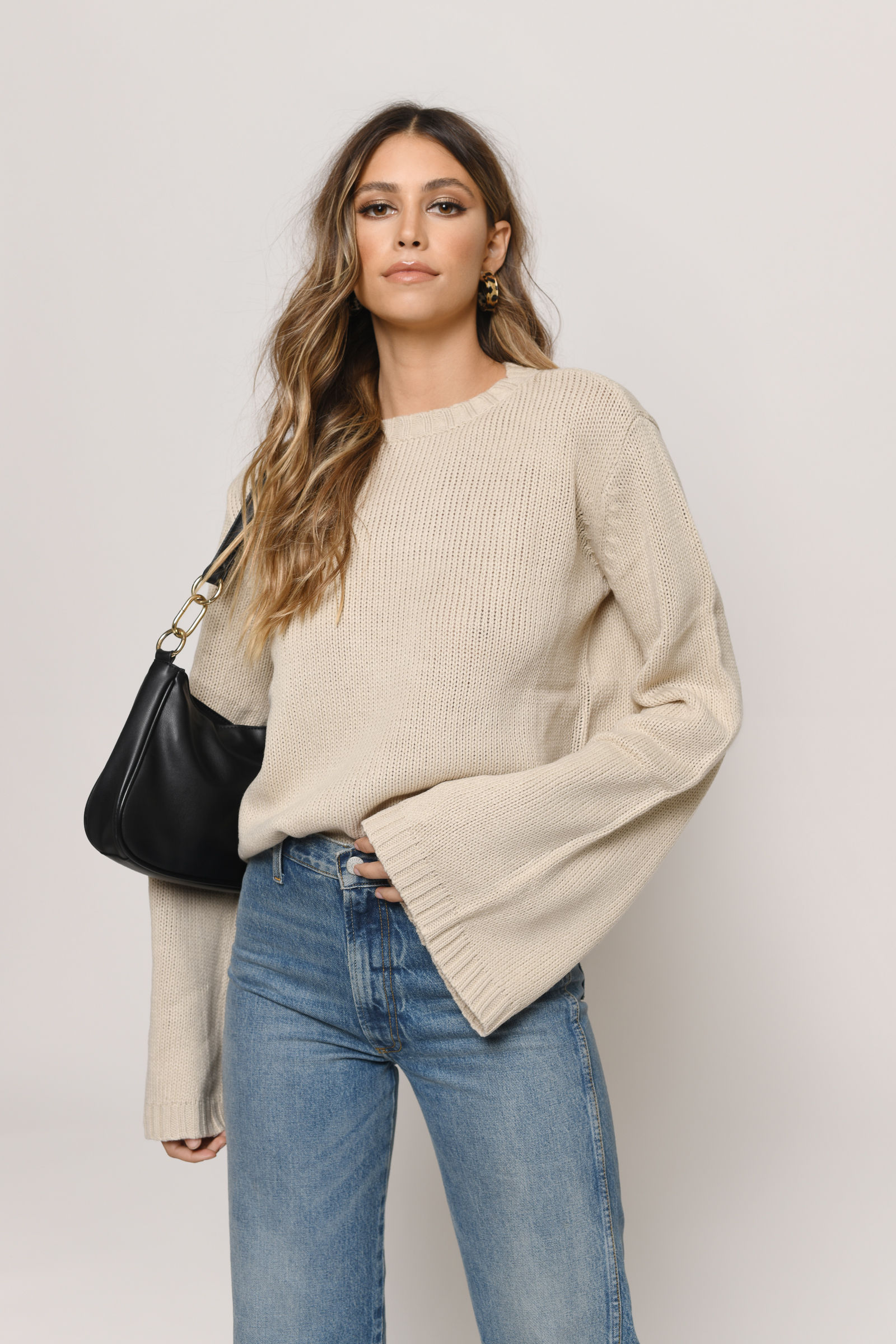 Black Sweater - Flared Sleeve Sweater - Crew Neckline Sweater