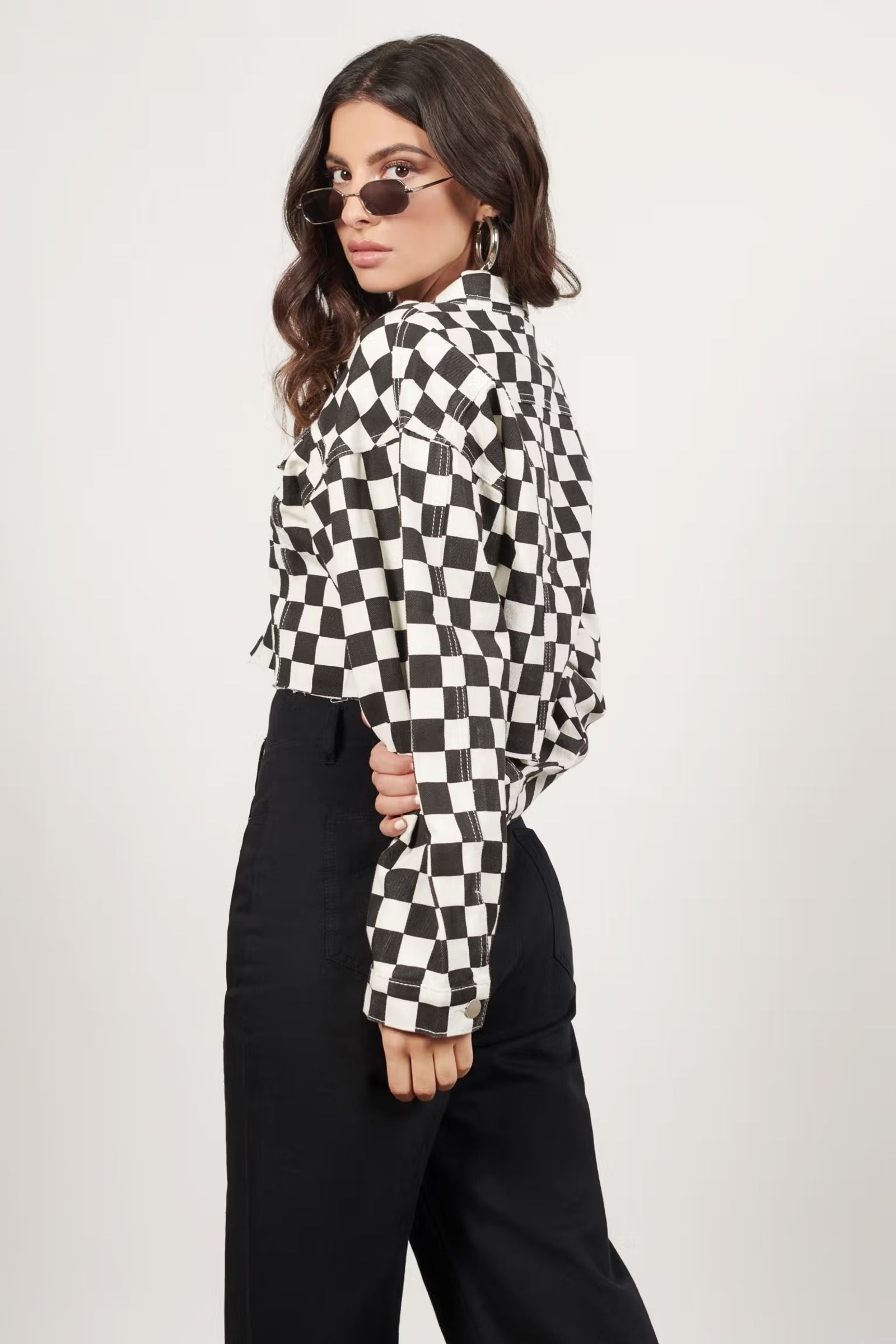 White And Black Denim Jacket - Checkered Denim Jacket - Frayed Hem Jacket