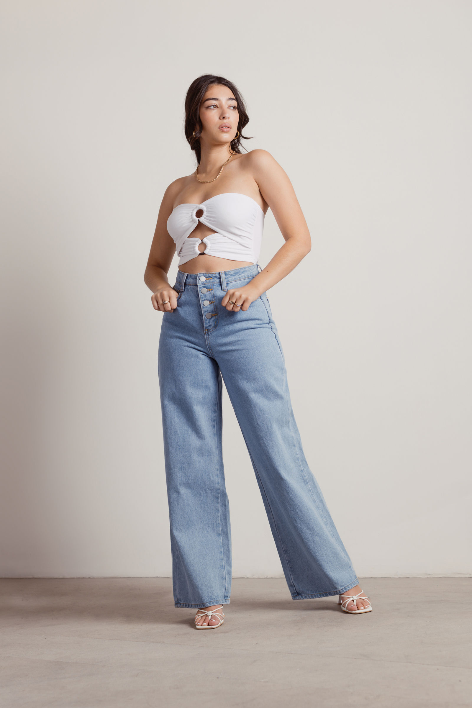 White Crop Top - O-Rings Tube Crop Top - Ribbed Front Cut Out Crop Top