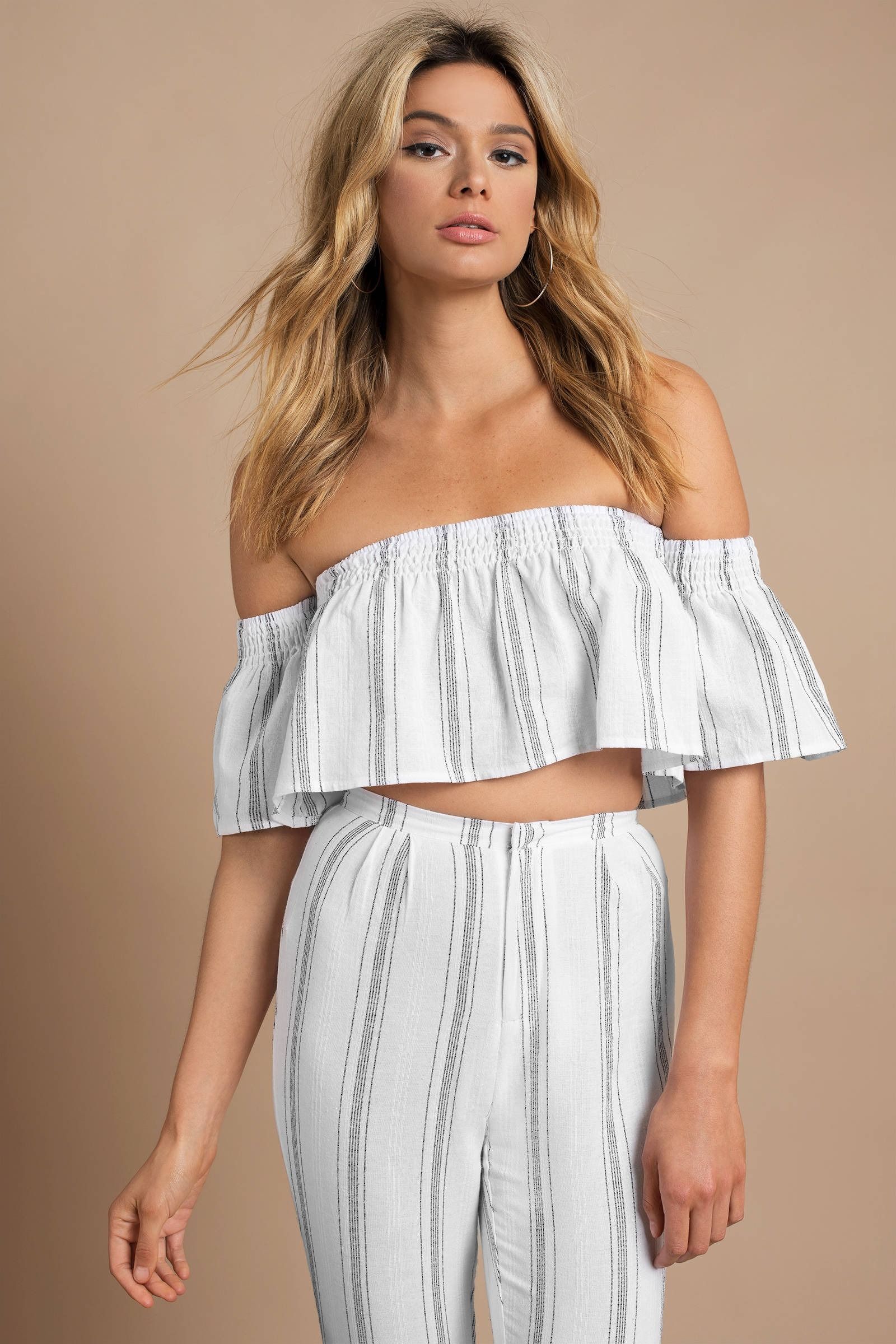 Trendy White Crop Top - Off Shoulder Crop Top - White Striped Crop Top