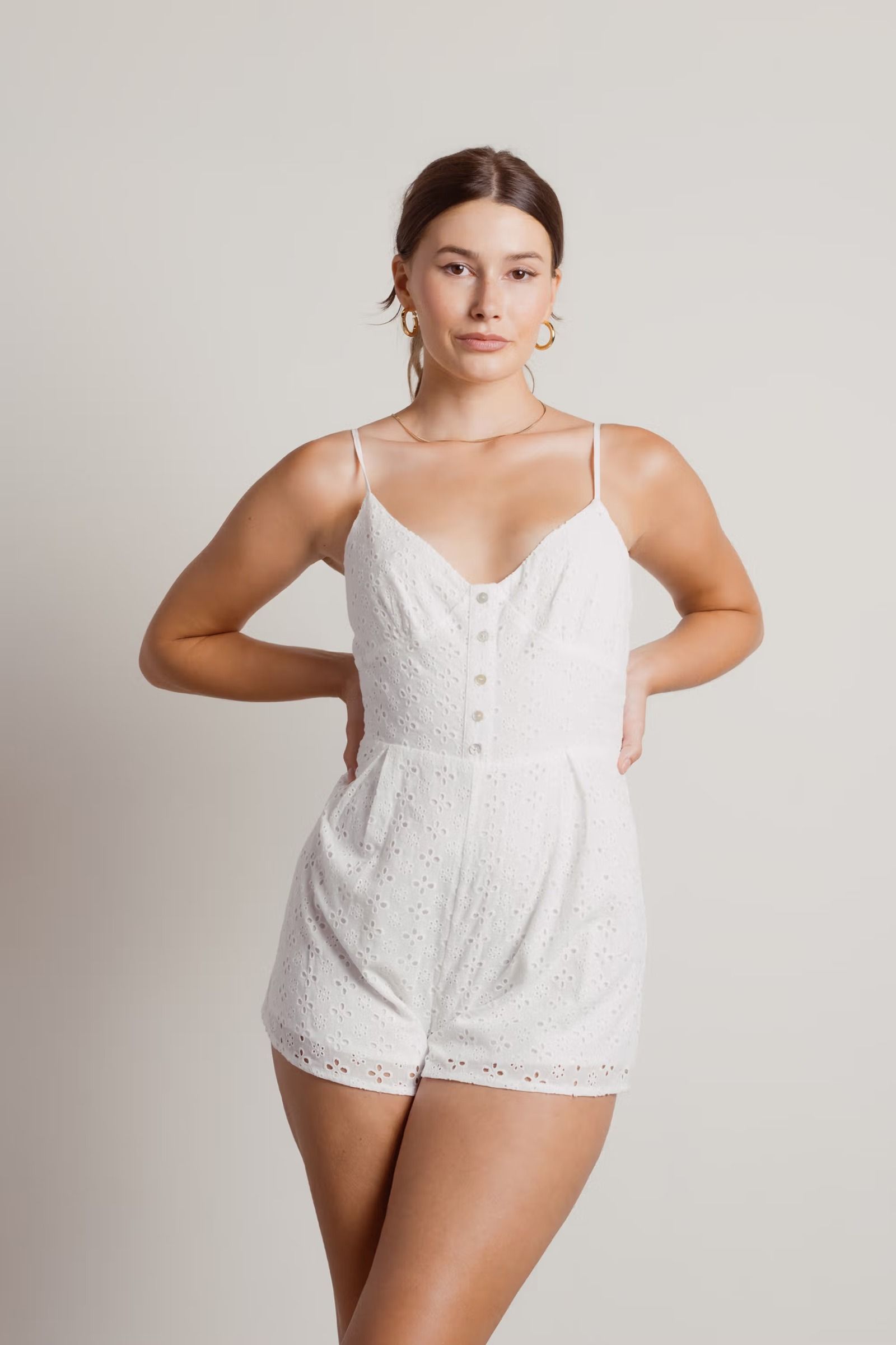 White Button Up Romper - Eyelet Romper - Bodycon Romper