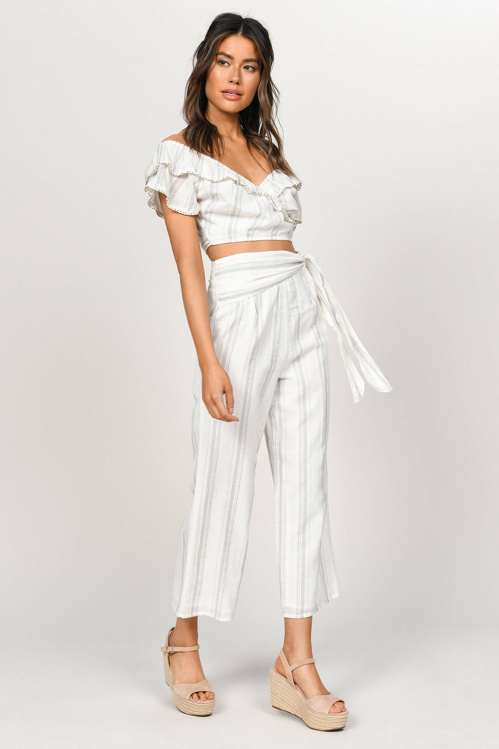 White Striped Pants - Wide Leg Wrap Pants - Tie Waist Pants