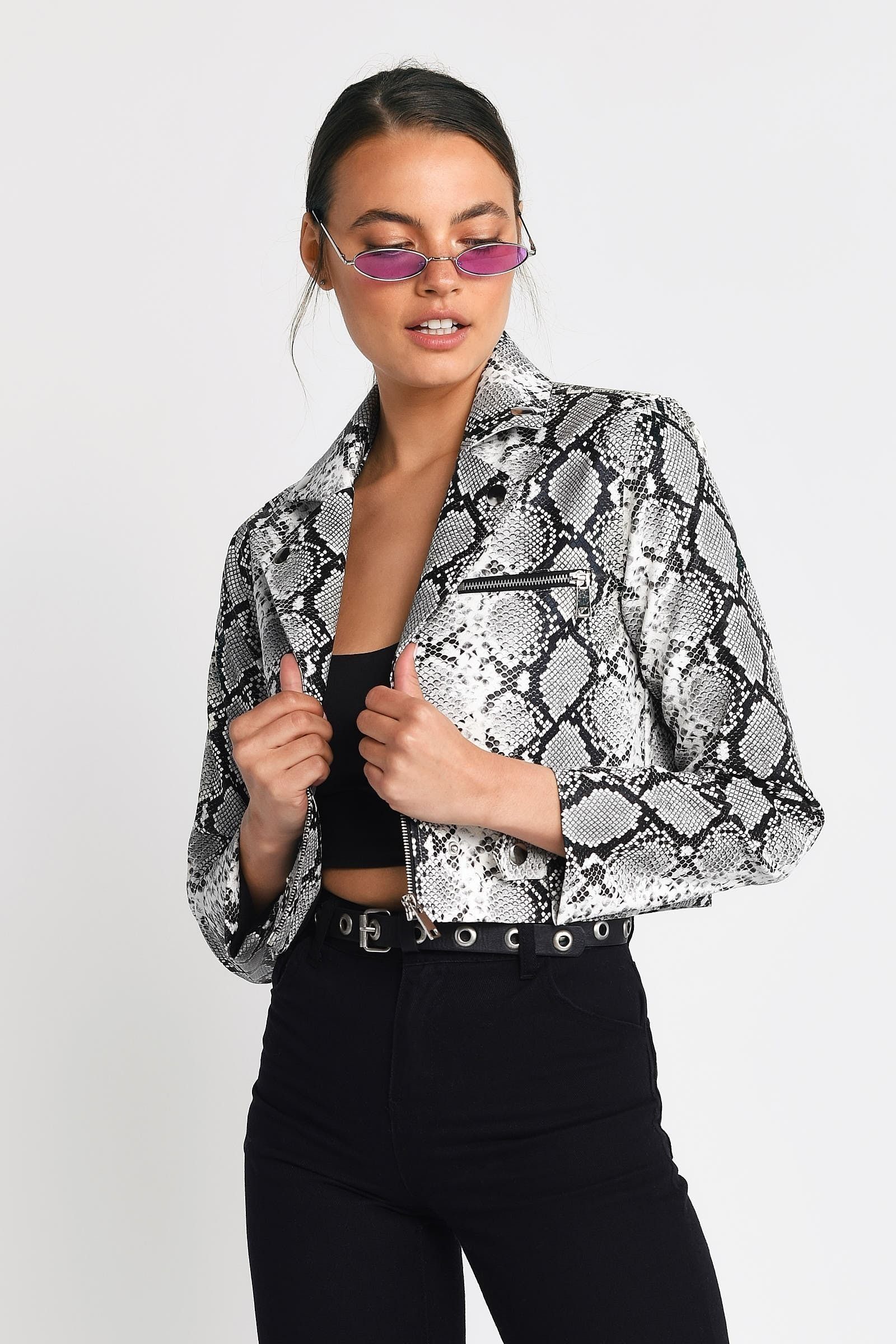 White Cropped Jacket - Vegan Leather Moto Jacket - White Snake Print Jacket