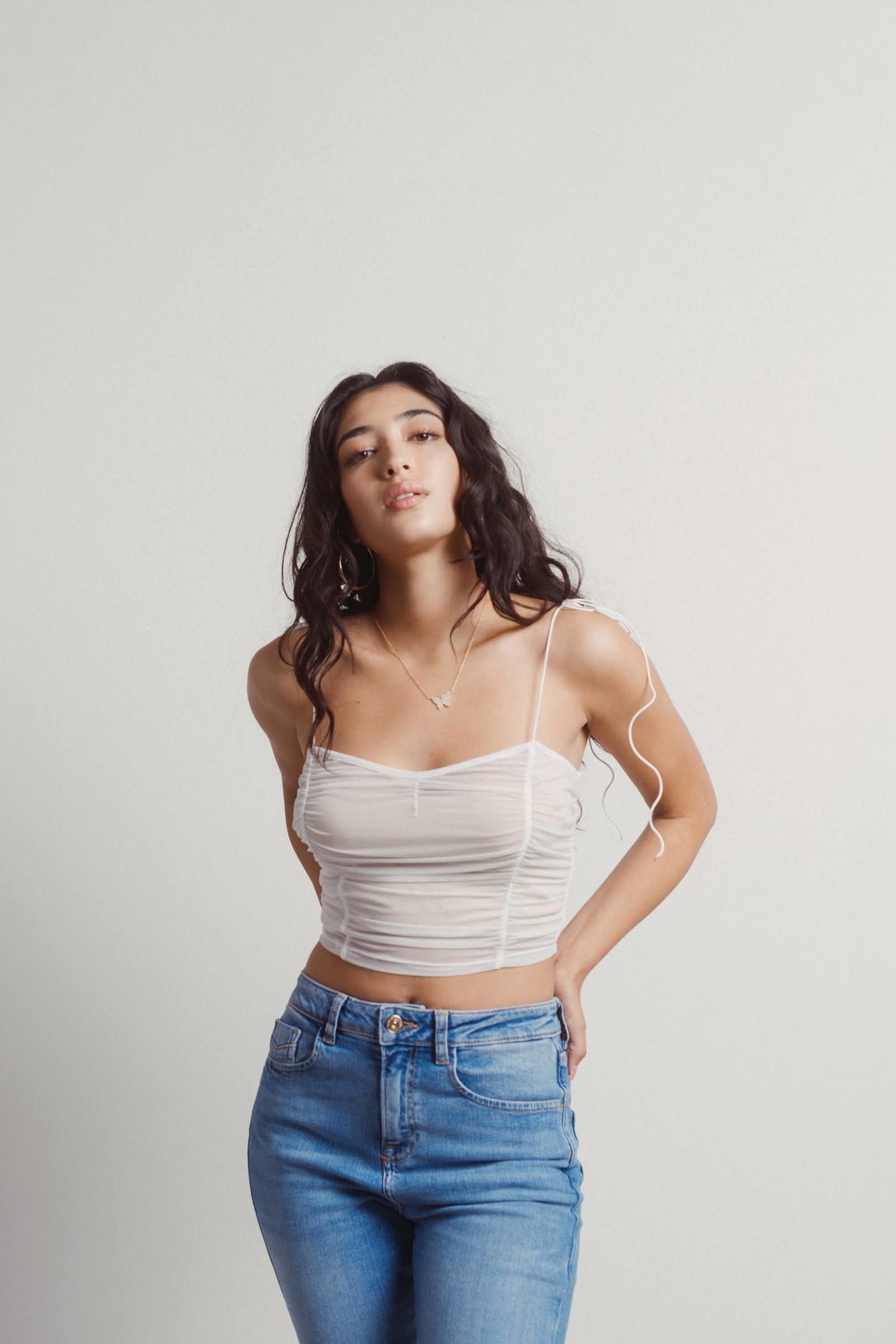White Mesh Crop Top - Ruched Top - Shoulder Tie Top
