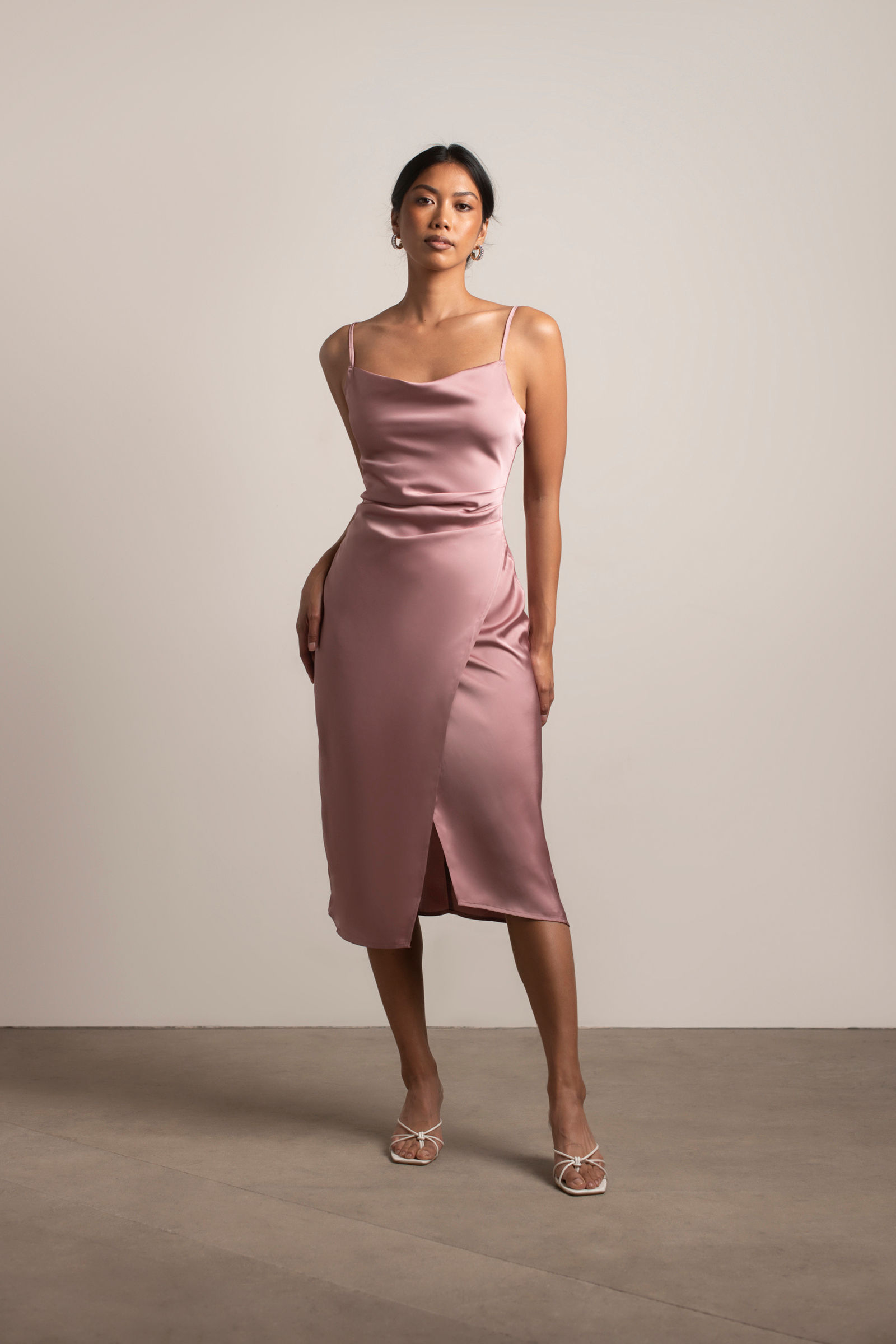 Pink Midi Dress - Satin Dress With Cowl Neck - Rose Slip Dress