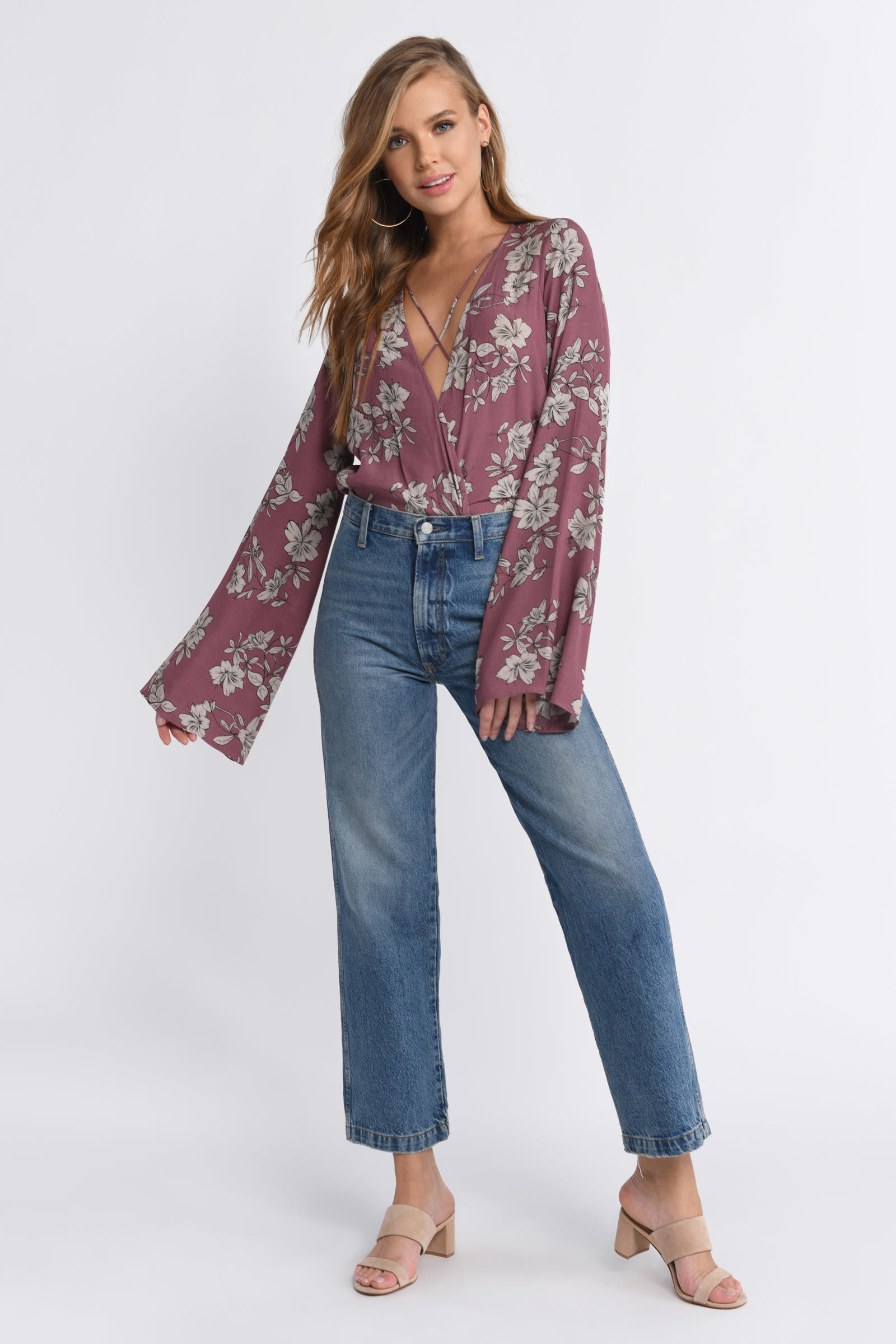 Red Crop Top - Wine Bell Sleeve Straps Crop Top - Plunge Deep V Neck ...