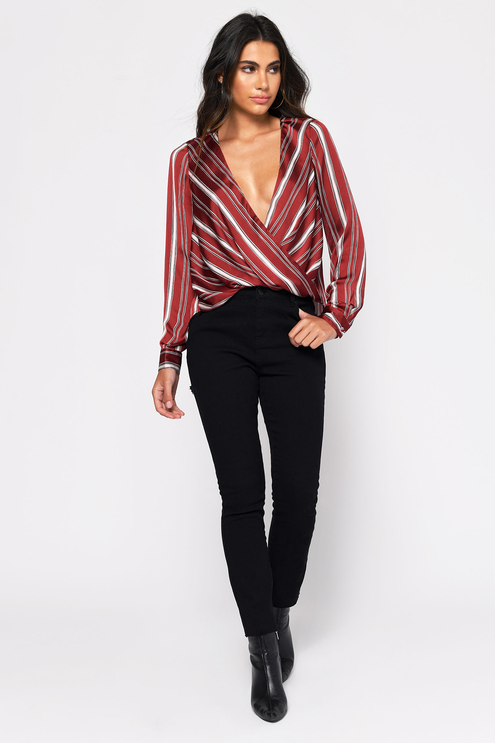 Wine Blouse - Surplice Blouse - Wine Striped V Neck Top