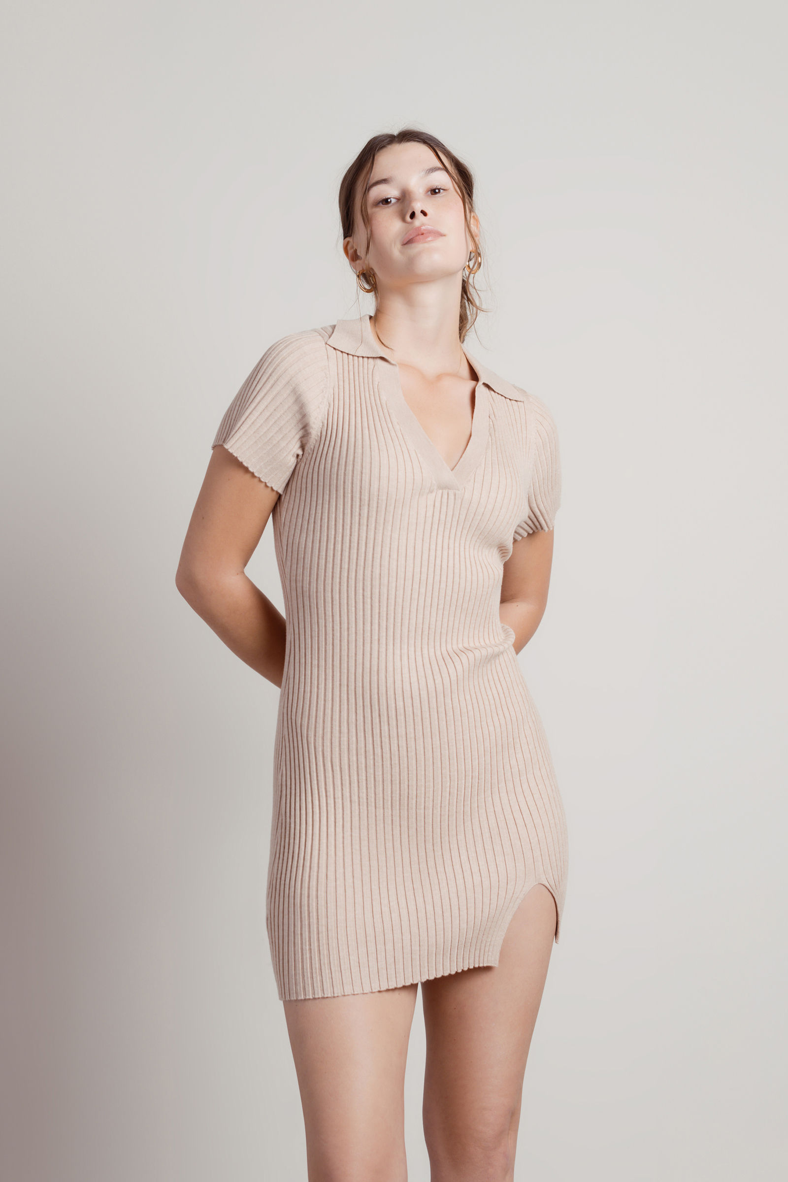 Beige Sweater Dress - Short Sleeve Dress - Ribbed Collared Dress