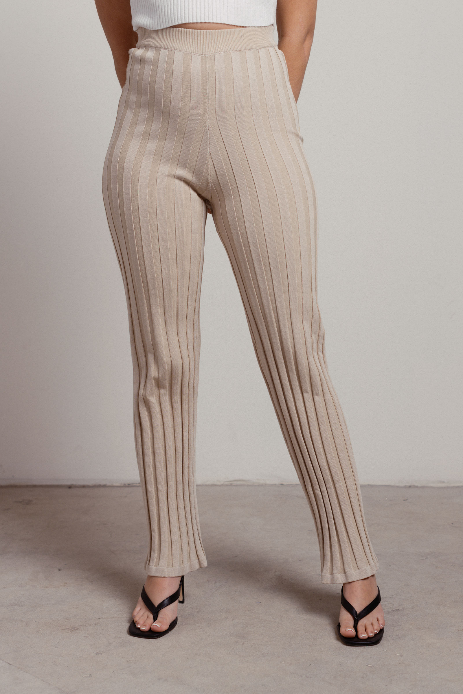 Beige High Waisted Pants - Ribbed Fitted Pants
