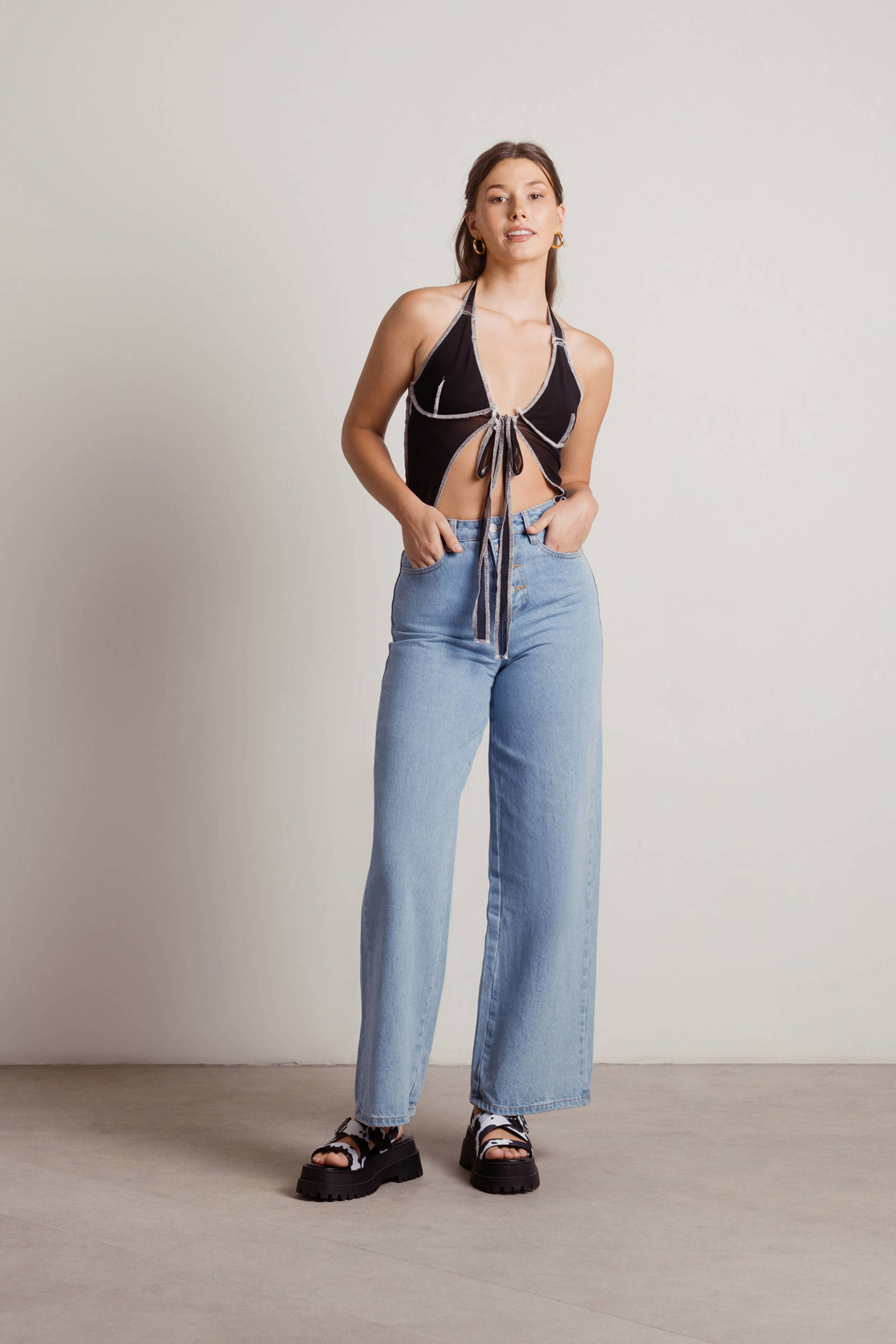 Black Tank Top - Halter Tie Tank Top - Stitch Detail Crop Top