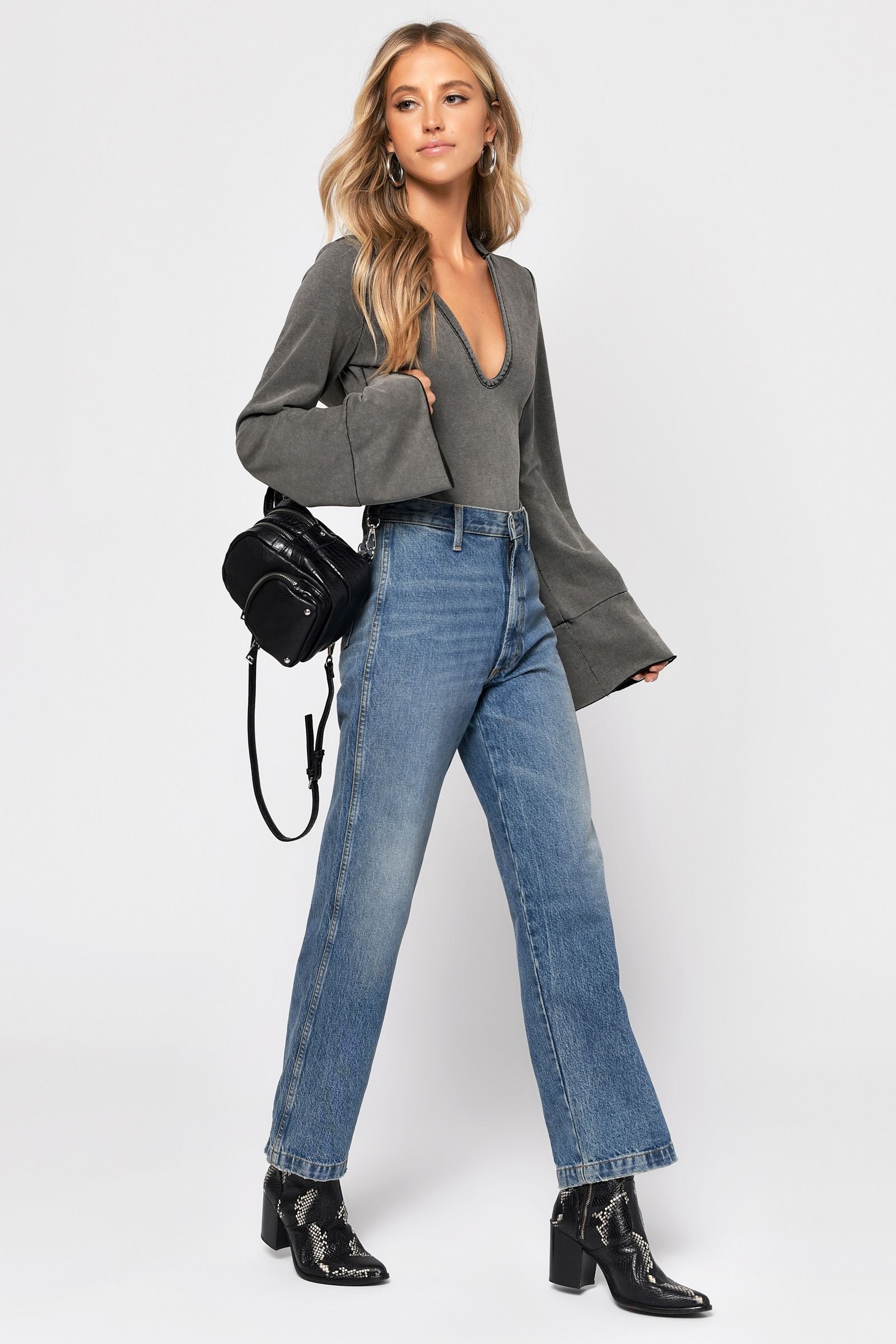 Trendy Bodysuit - Bell Sleeve - Olive Plunging Bodysuit